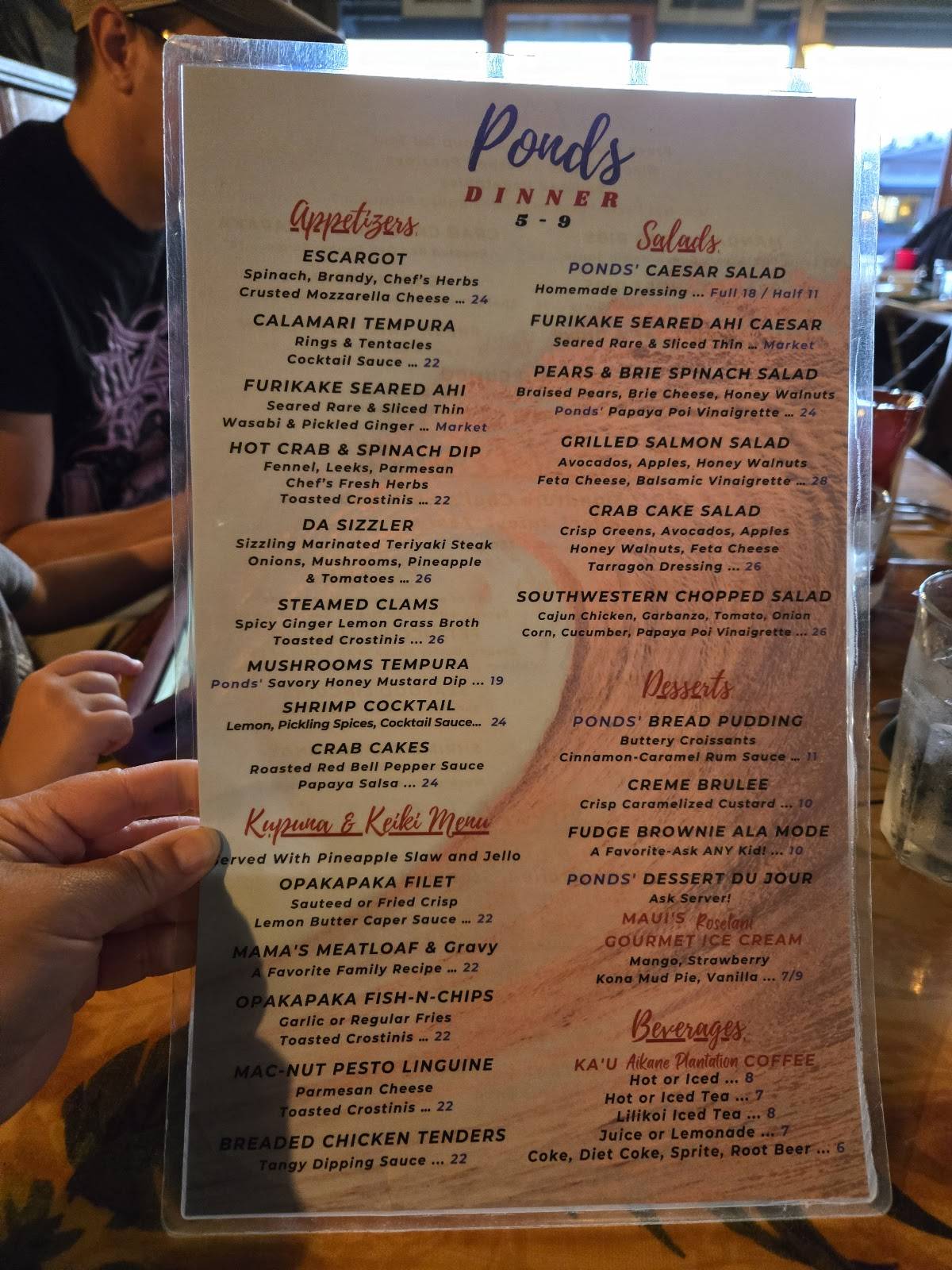 Menu at Ponds Hilo restaurant, Hilo