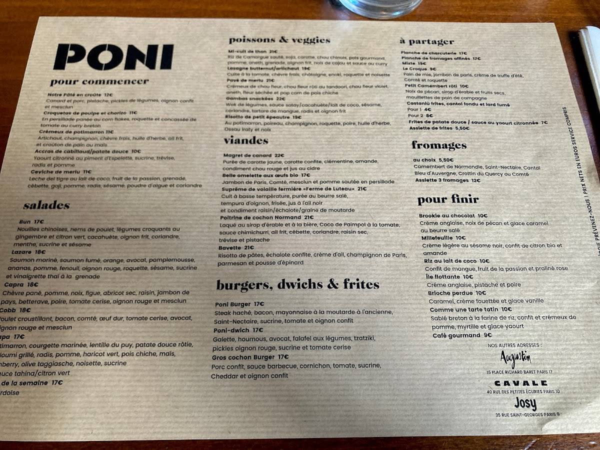 Menu at Poni restaurant, Paris