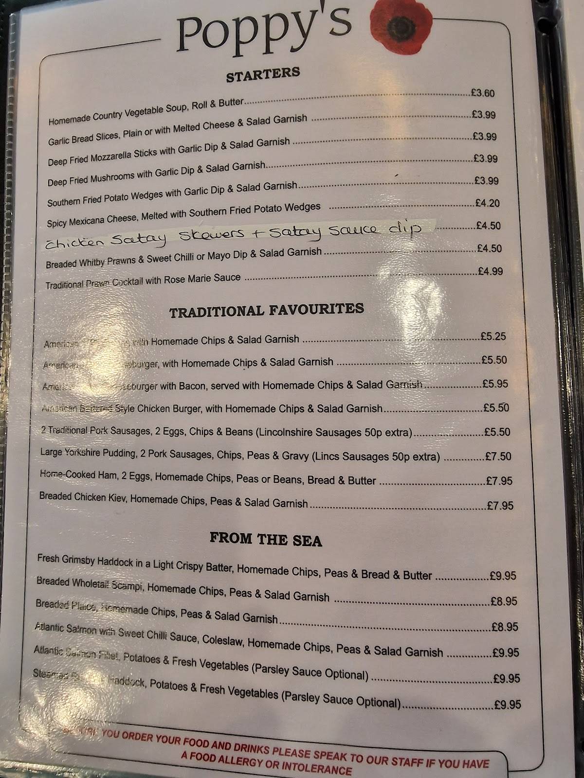Menu at Poppy's Restaurant, Skegness
