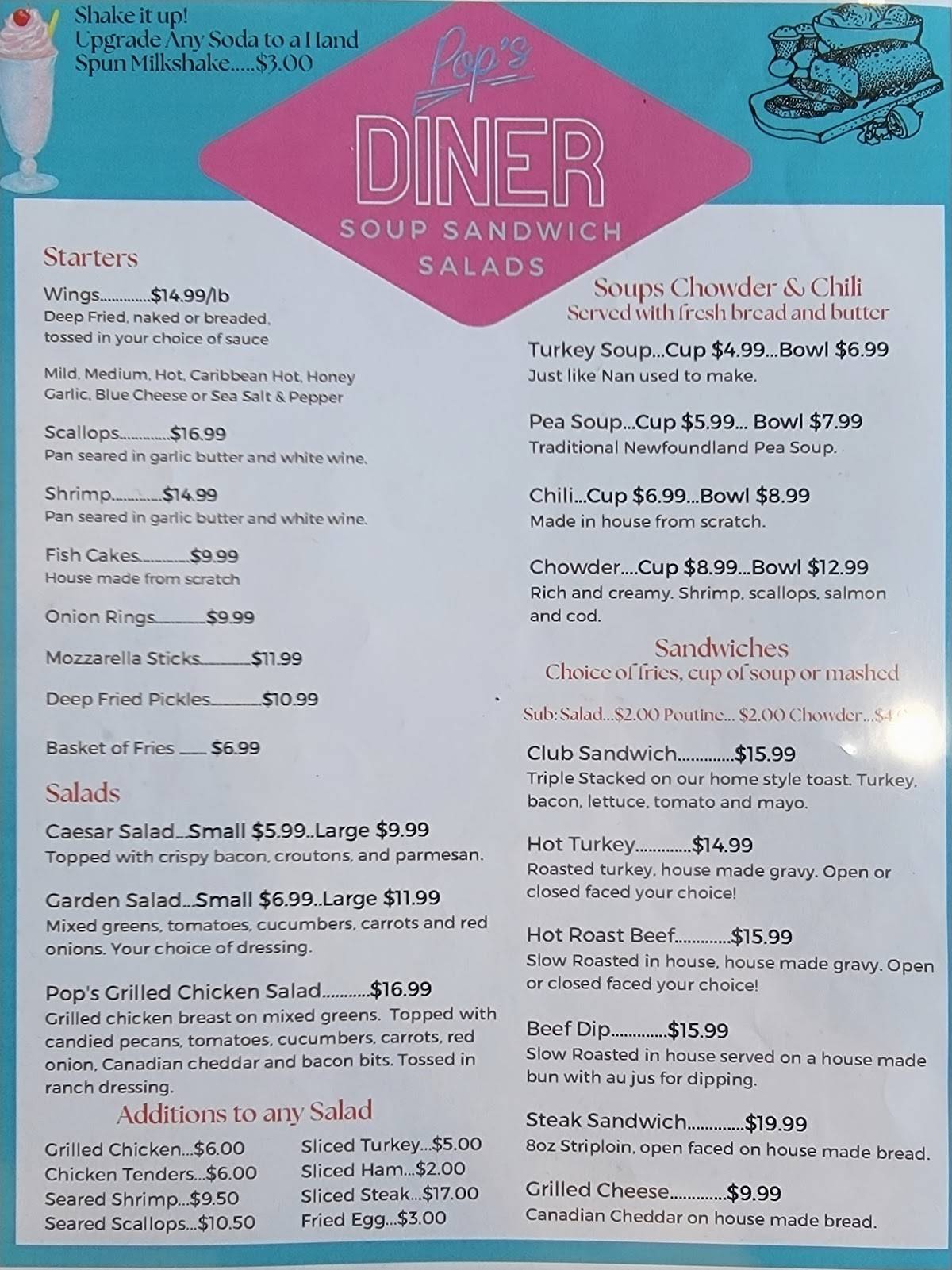Menu at Pop’s Diner restaurant, St. John's