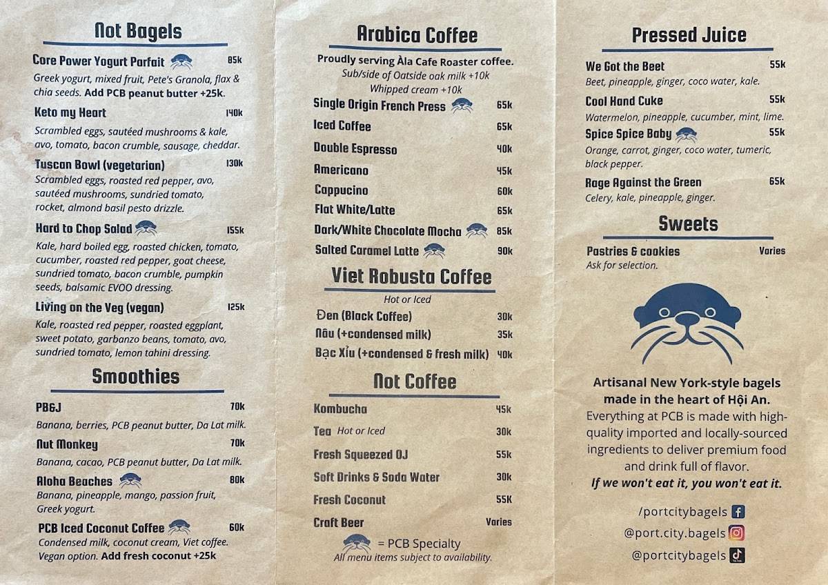 Menu at Port City Bagels (PCB), Hoi An