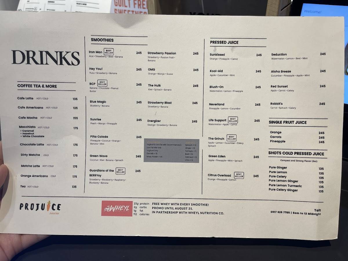 Menu at Projuice Juice Bar, Manila