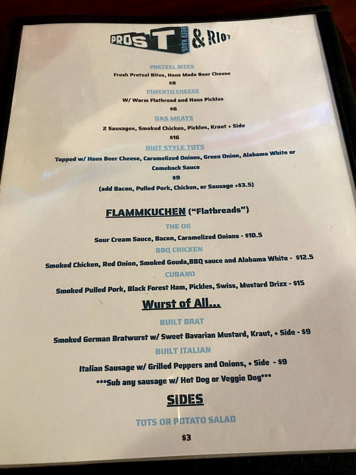 Menu at Prost and Riot restaurant, Mount Juliet
