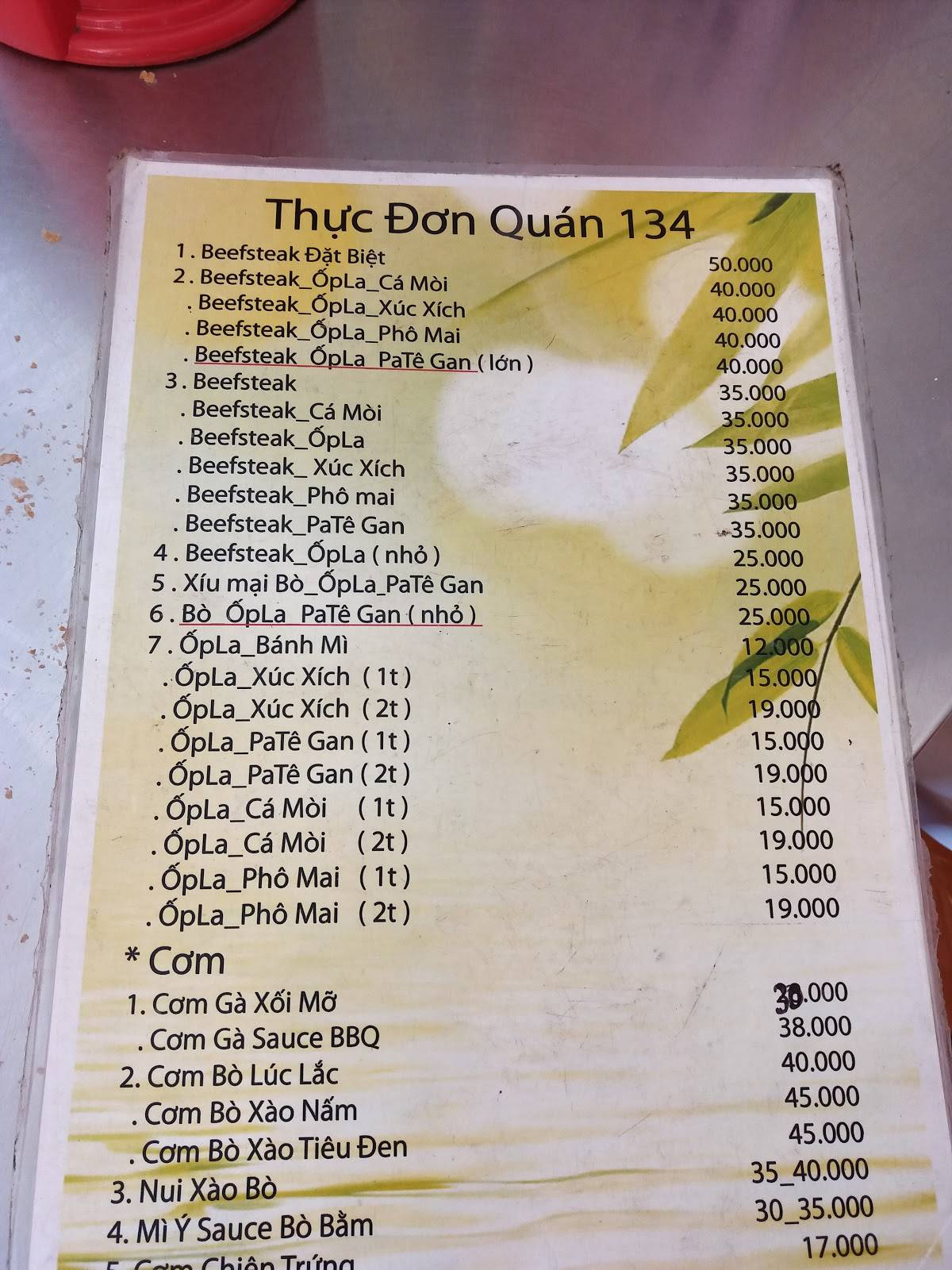 Menu at Quán ăn 134 Phan Đình Phùng, Can Tho