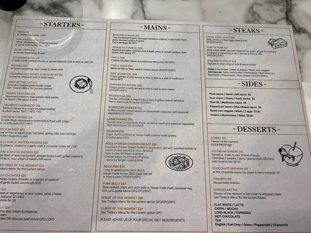 Carta de Quartz Restaurant, Rolleston