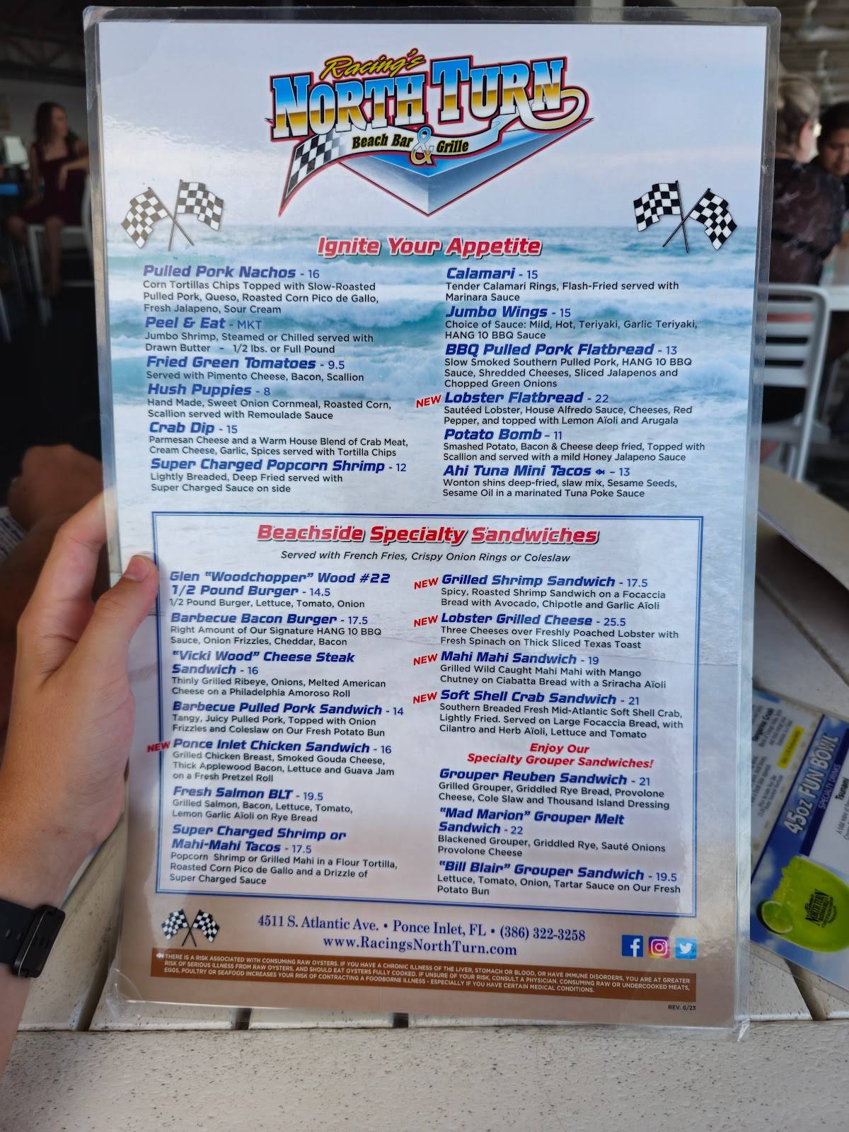 Menu at Racing's North Turn restaurant, Ponce Inlet