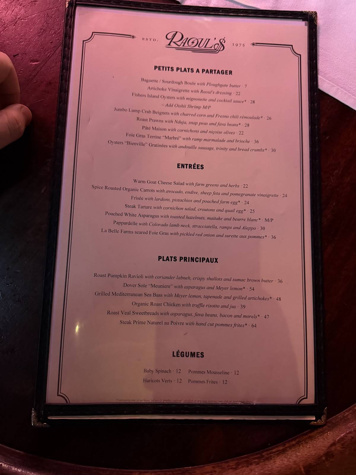 Menu at Raoul's restaurant, New York City