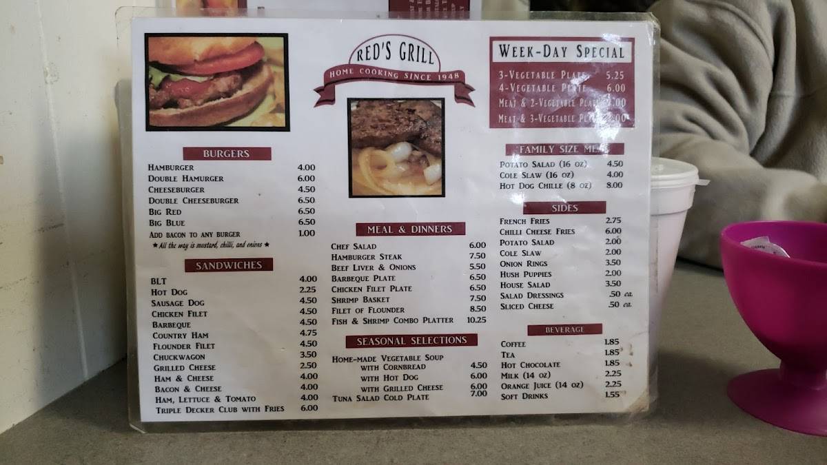 Menu at Red's Grill restaurant, Rock Hill
