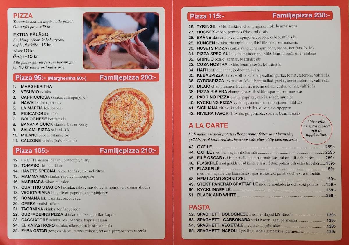Menu at Restaurang & Pizzeria Riviera, Tyringe, Järnvägsgatan 21