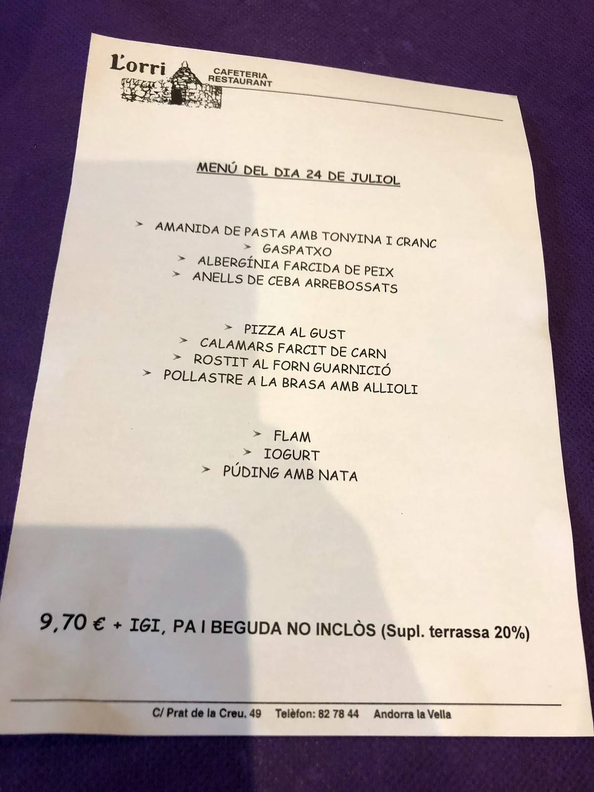 Carta de Restaurant L'Orri, Andorra la Vieja, Carrer Prat de la Creu, 41