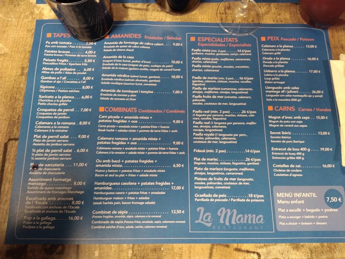 Carta de Restaurant La Mama, Roses