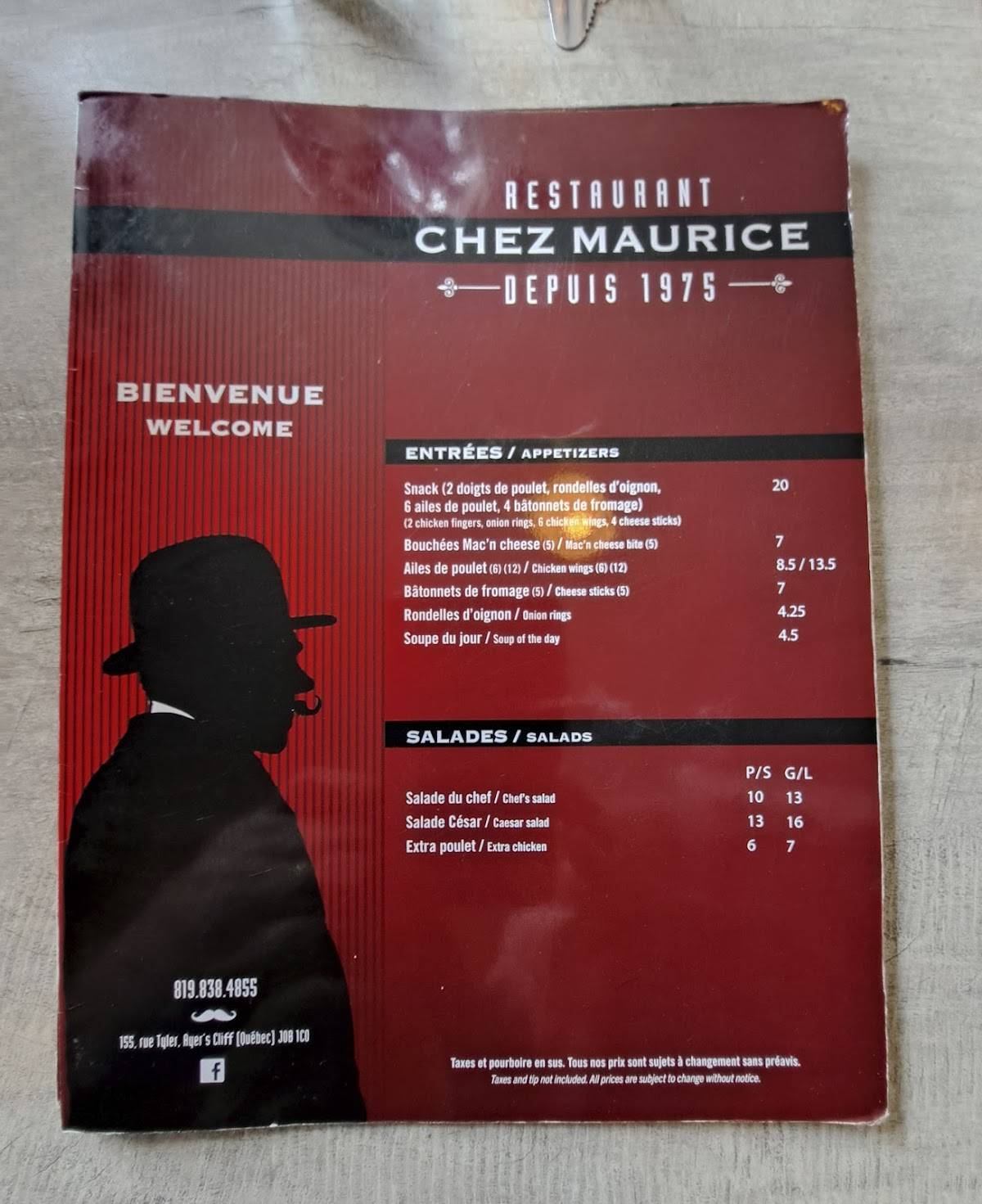Menu at Restaurant Maurice, Ayer's Cliff