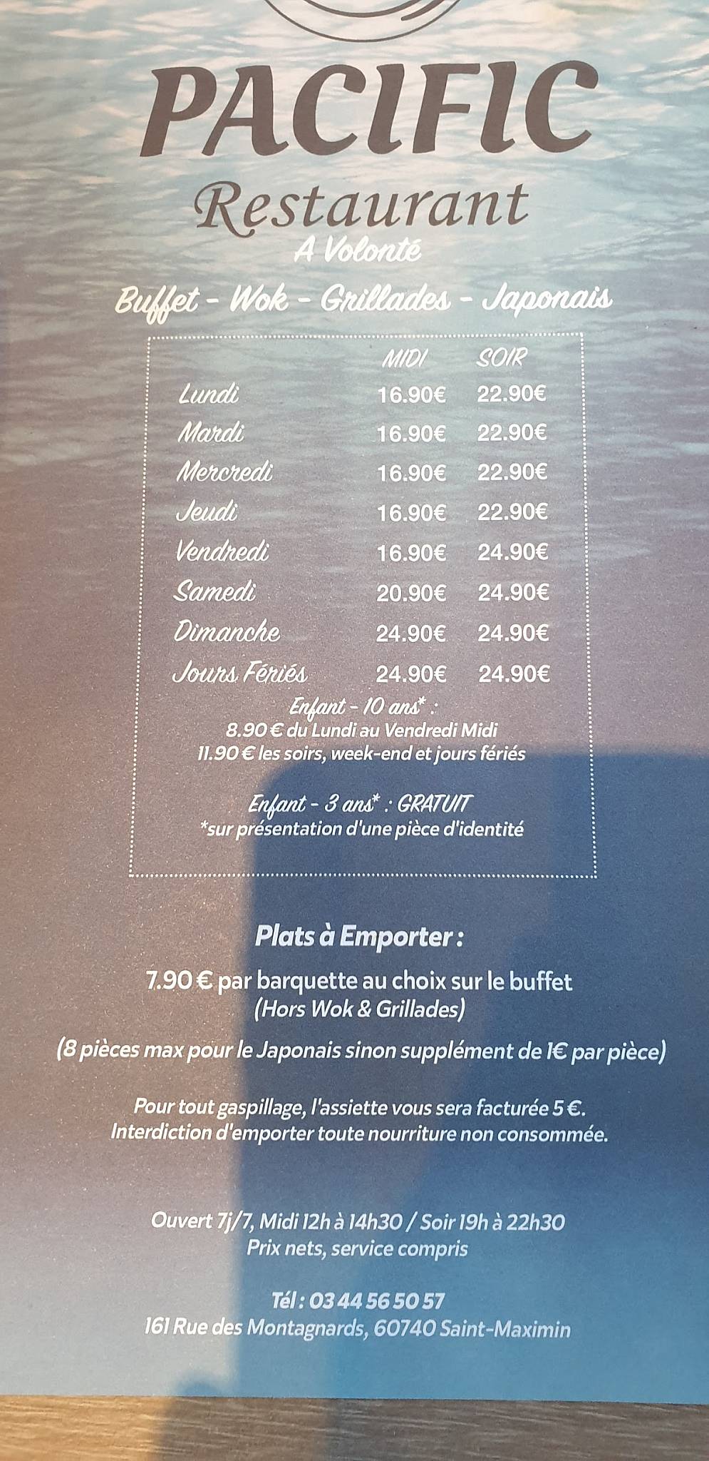 Menu au Restaurant Pacific, Saint-Maximin