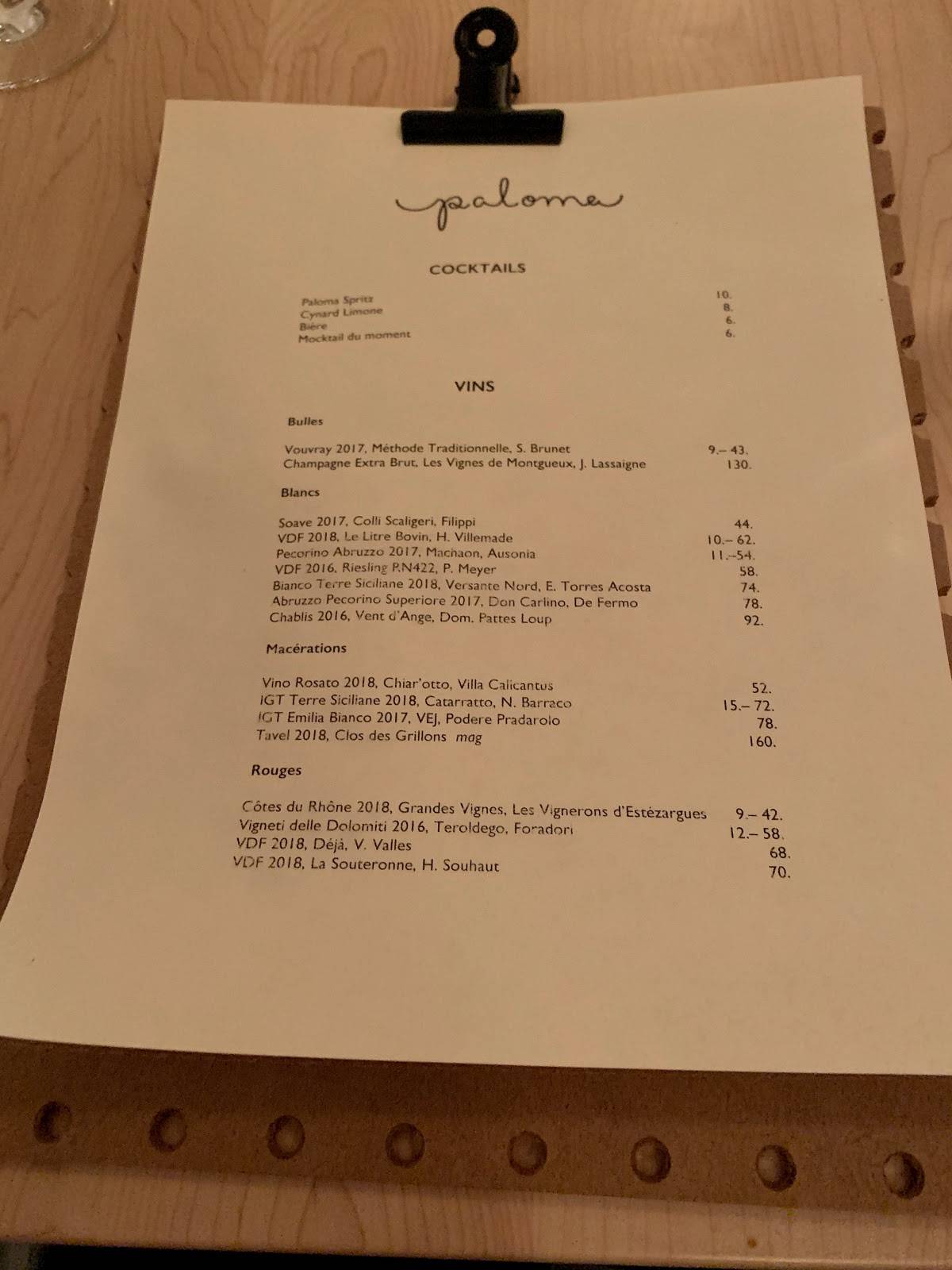 Menu au Restaurant Paloma, Montréal