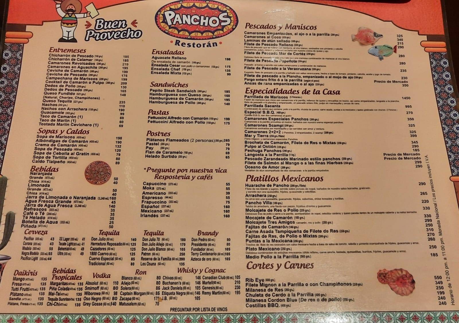Menu at Restaurant Panchos, Mazatlán, Av. Camaron Sabalo 1614-B