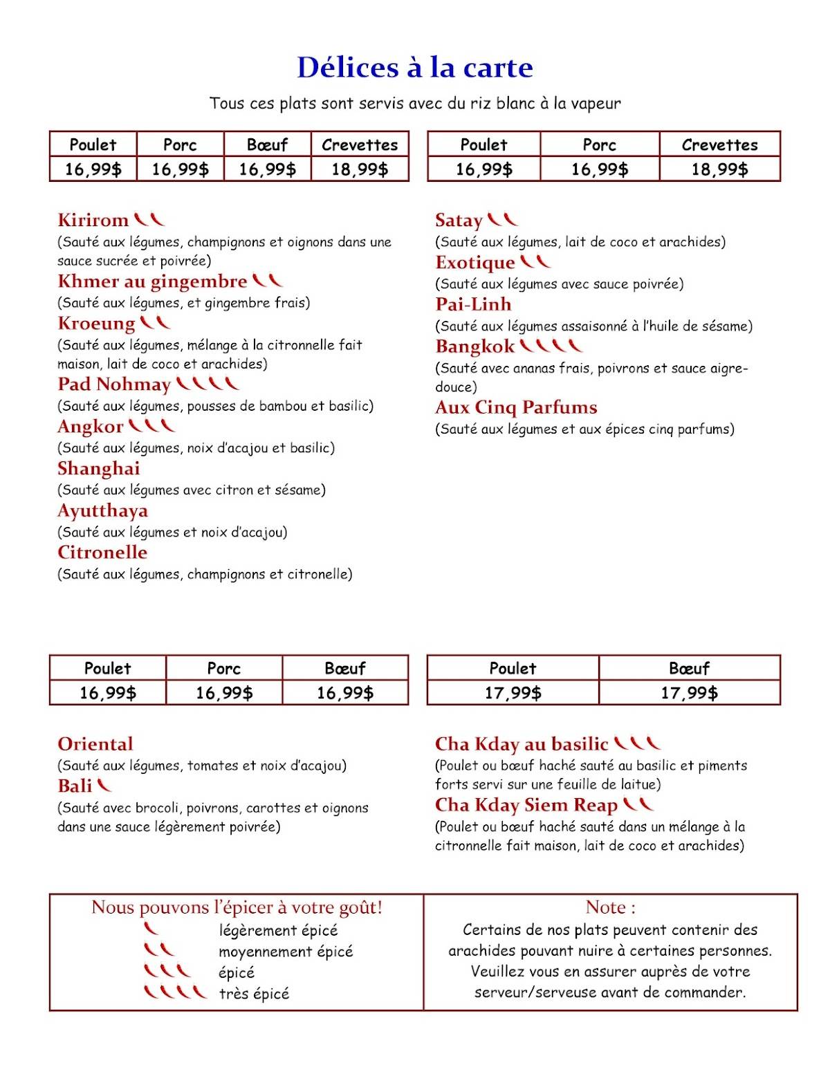 Menu au Restaurant Thaï Sélect, Québec, Bd des Gradins