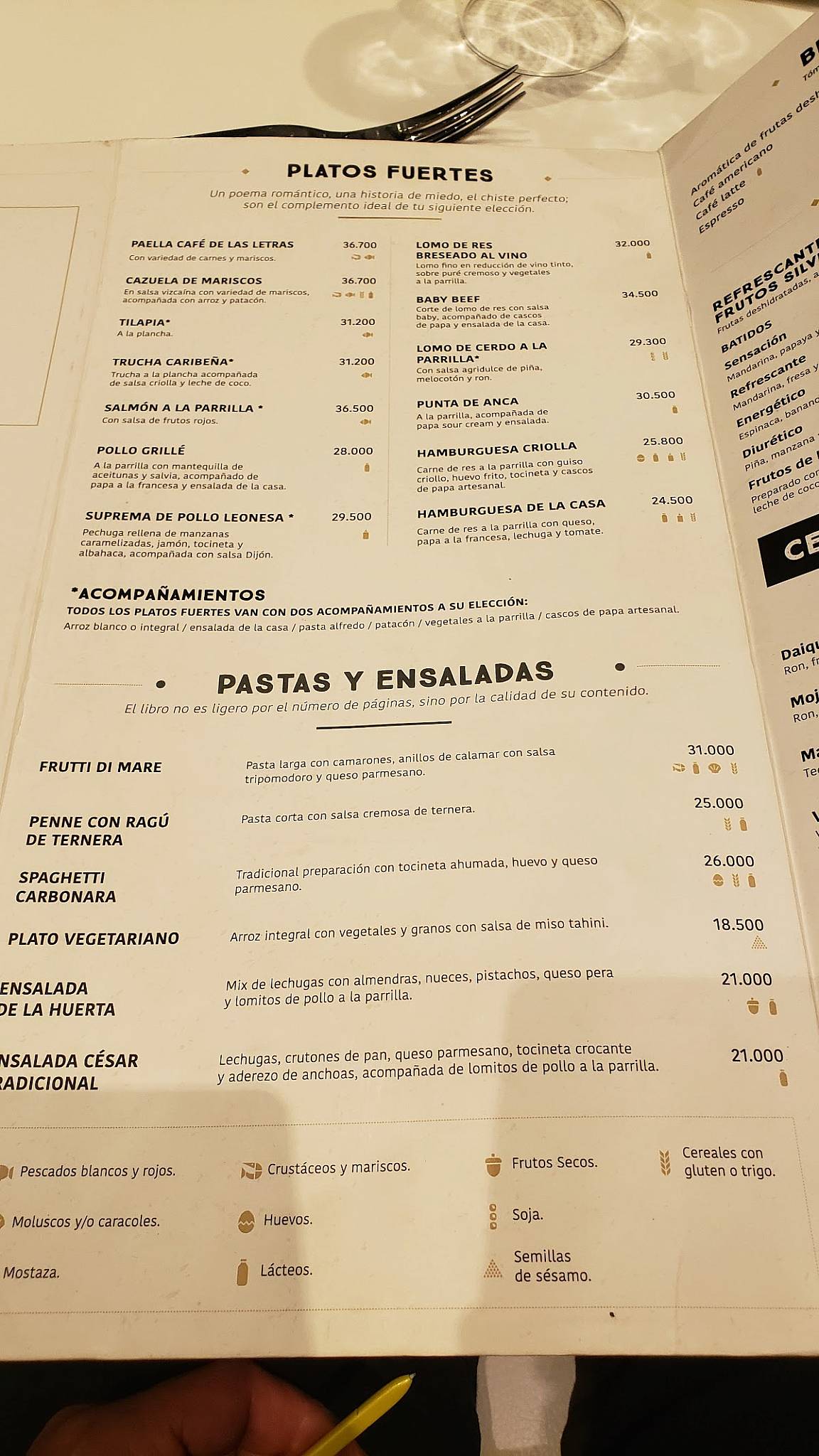 Carta de Restaurante Cafe de las letras - El Cubo, Bogotá