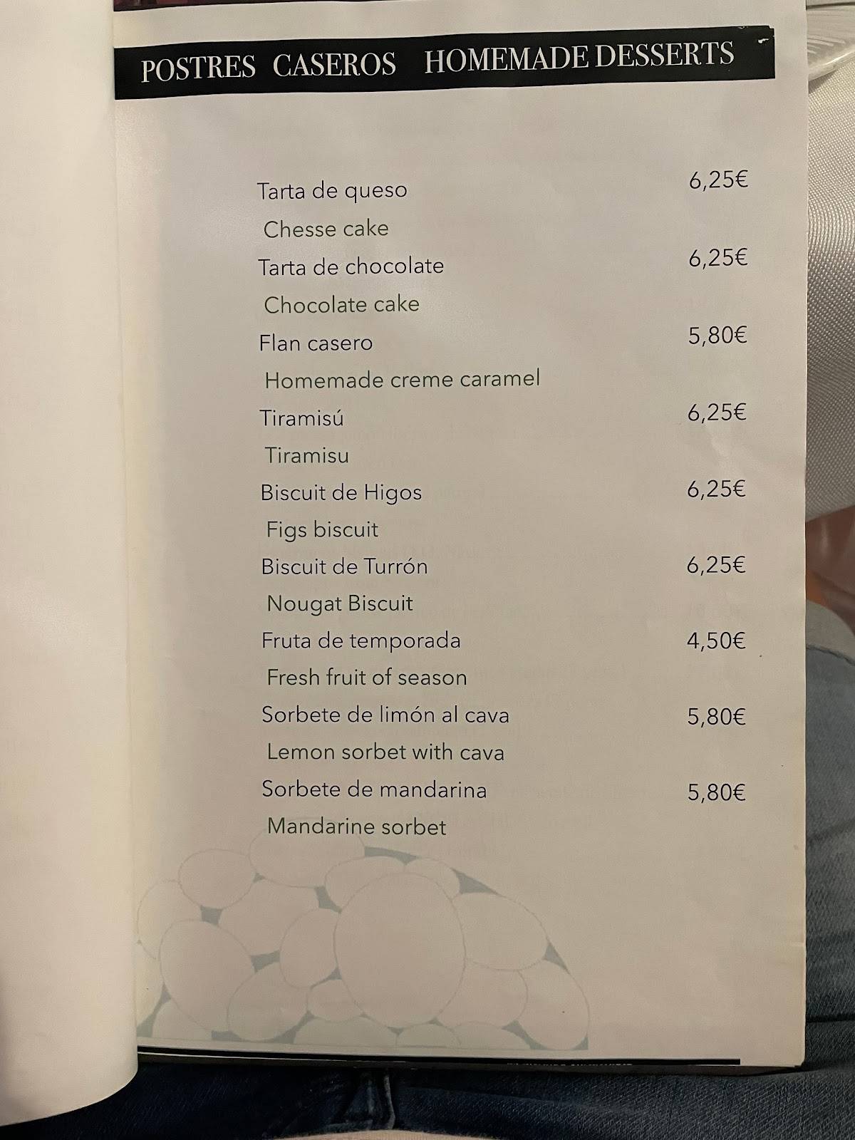 Carta del restaurante Casa Toni, Benidorm
