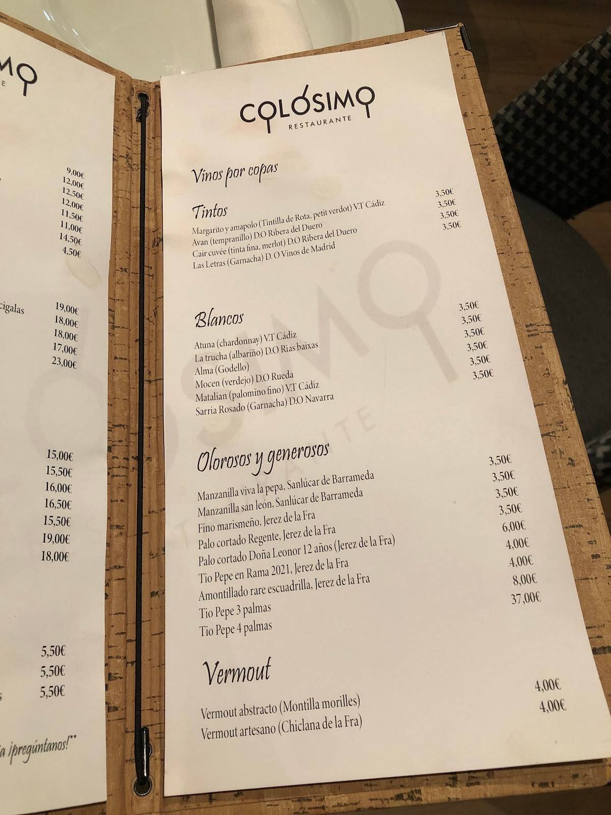 Carta de Restaurante Colósimo, Madrid