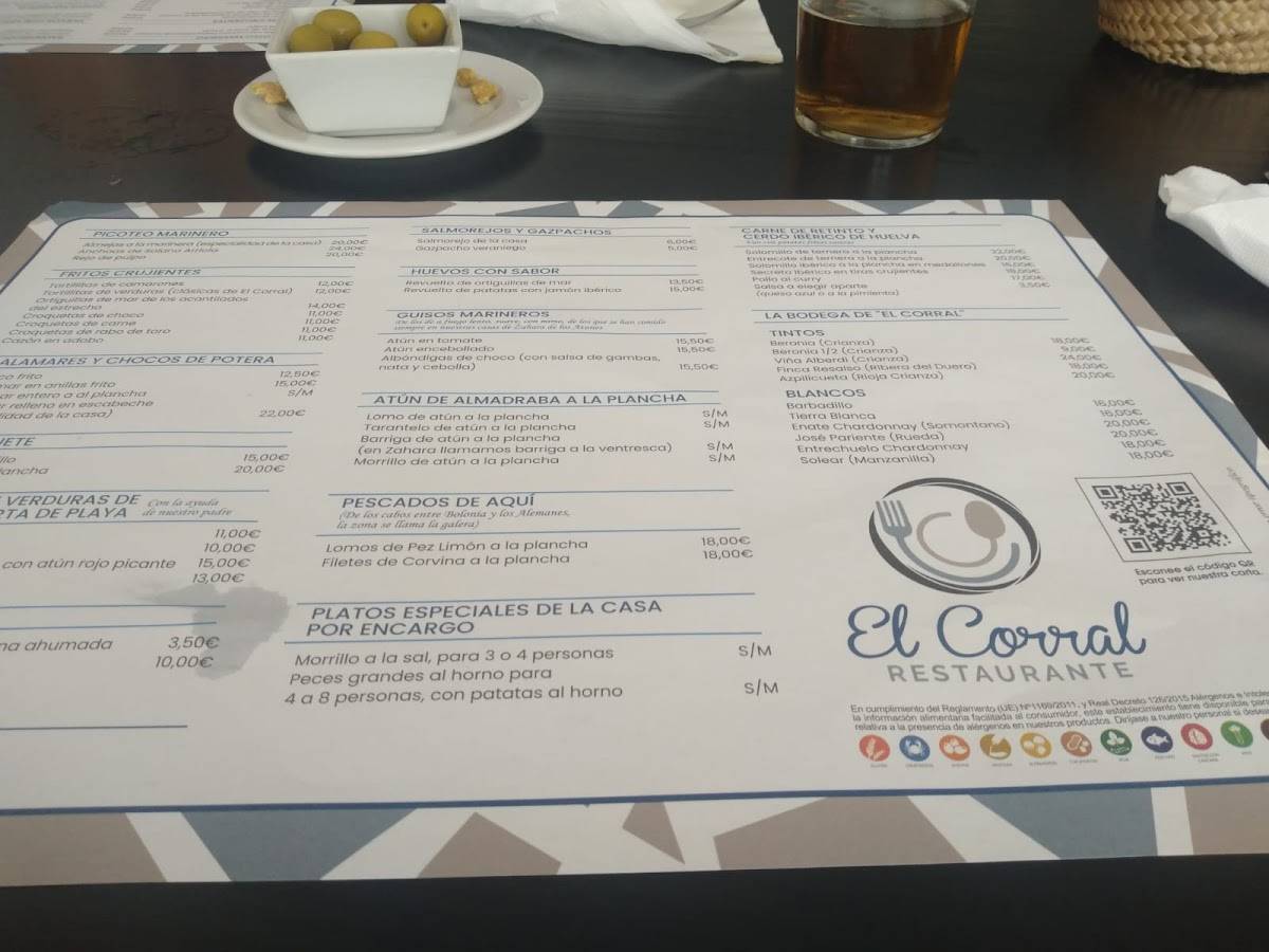 Carta de Restaurante El Corral, Zahara de los Atunes