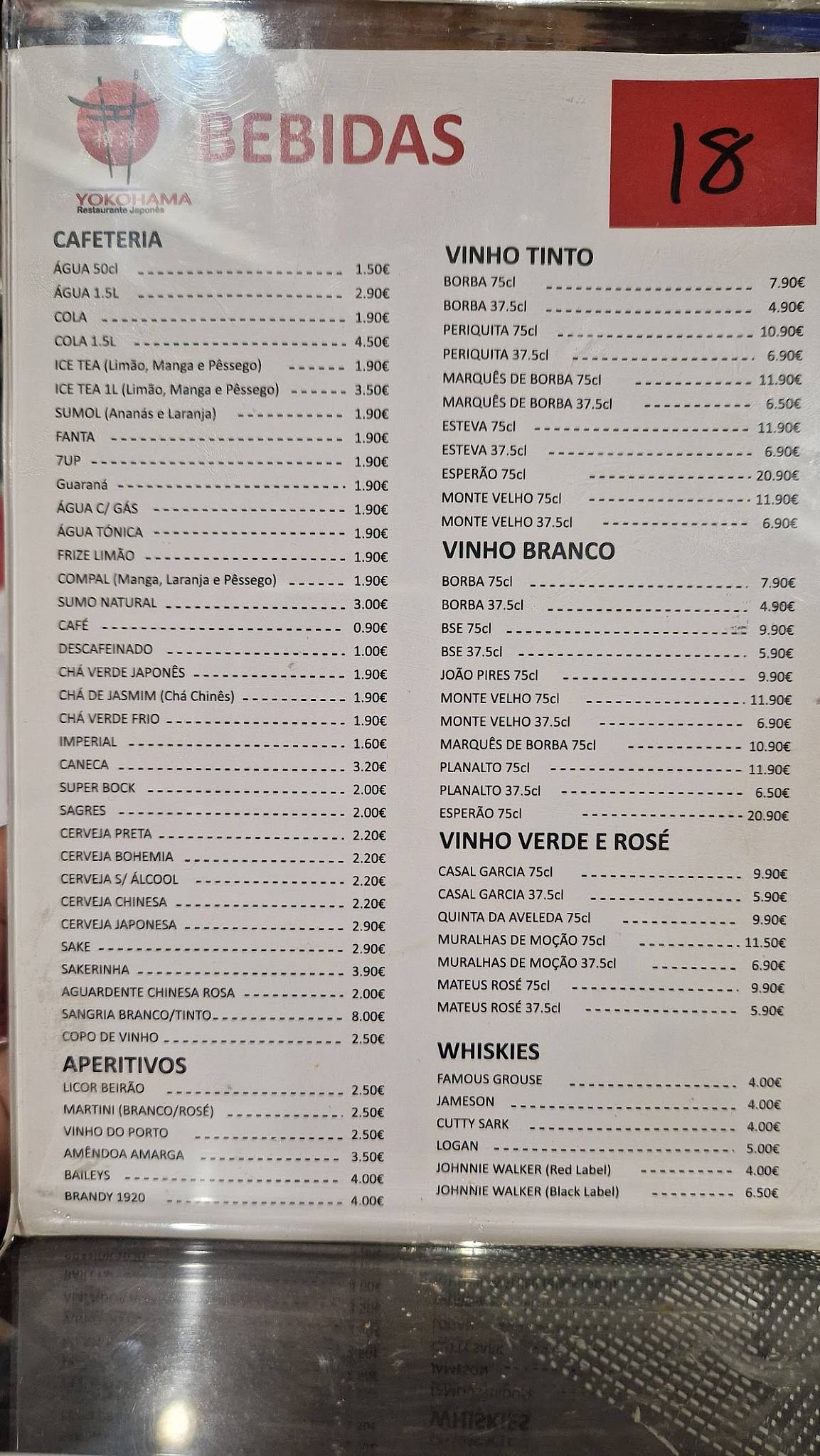 Menu em Restaurante Japonês - YOKOHAMA, Leiria