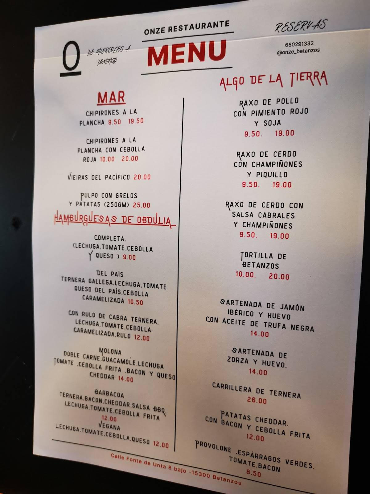 Menu at Restaurante Onze, Betanzos
