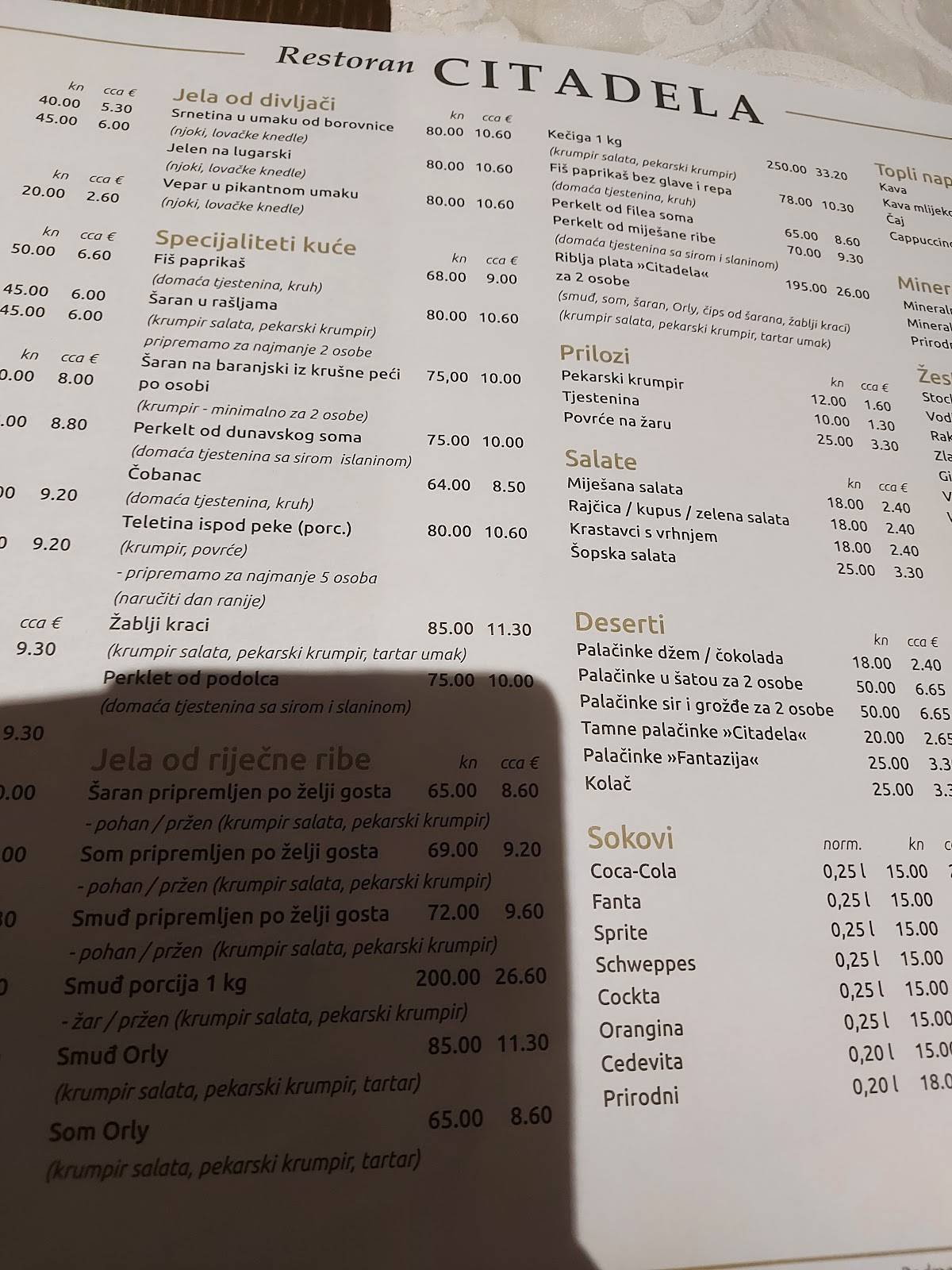 Menu at Restoran Citadela restaurant, Vardarac, Ul. Šandora Petefija 39