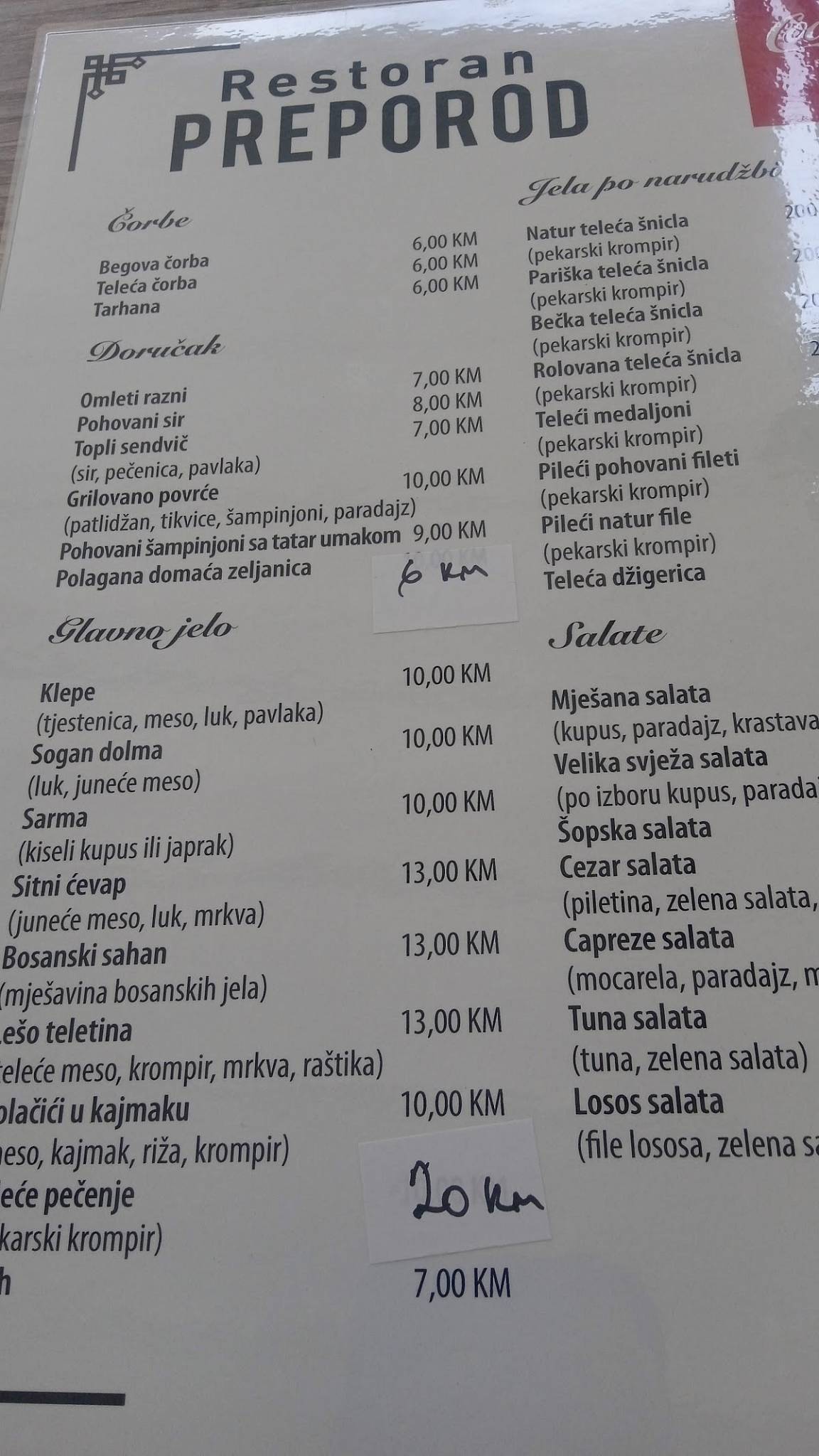 Menu at Restoran Preporod restaurant, Sarajevo