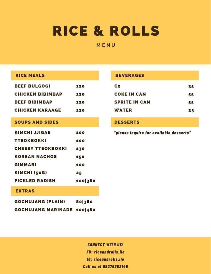 Menu at Rice and Rolls Restaurant, Iloilo City