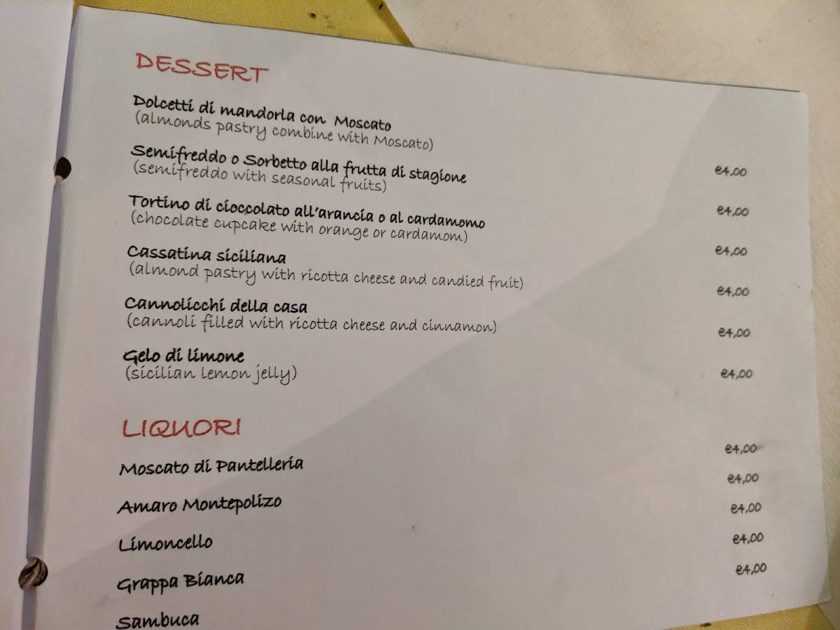 Carta de Ristorante Corallo, San Vito Lo Capo