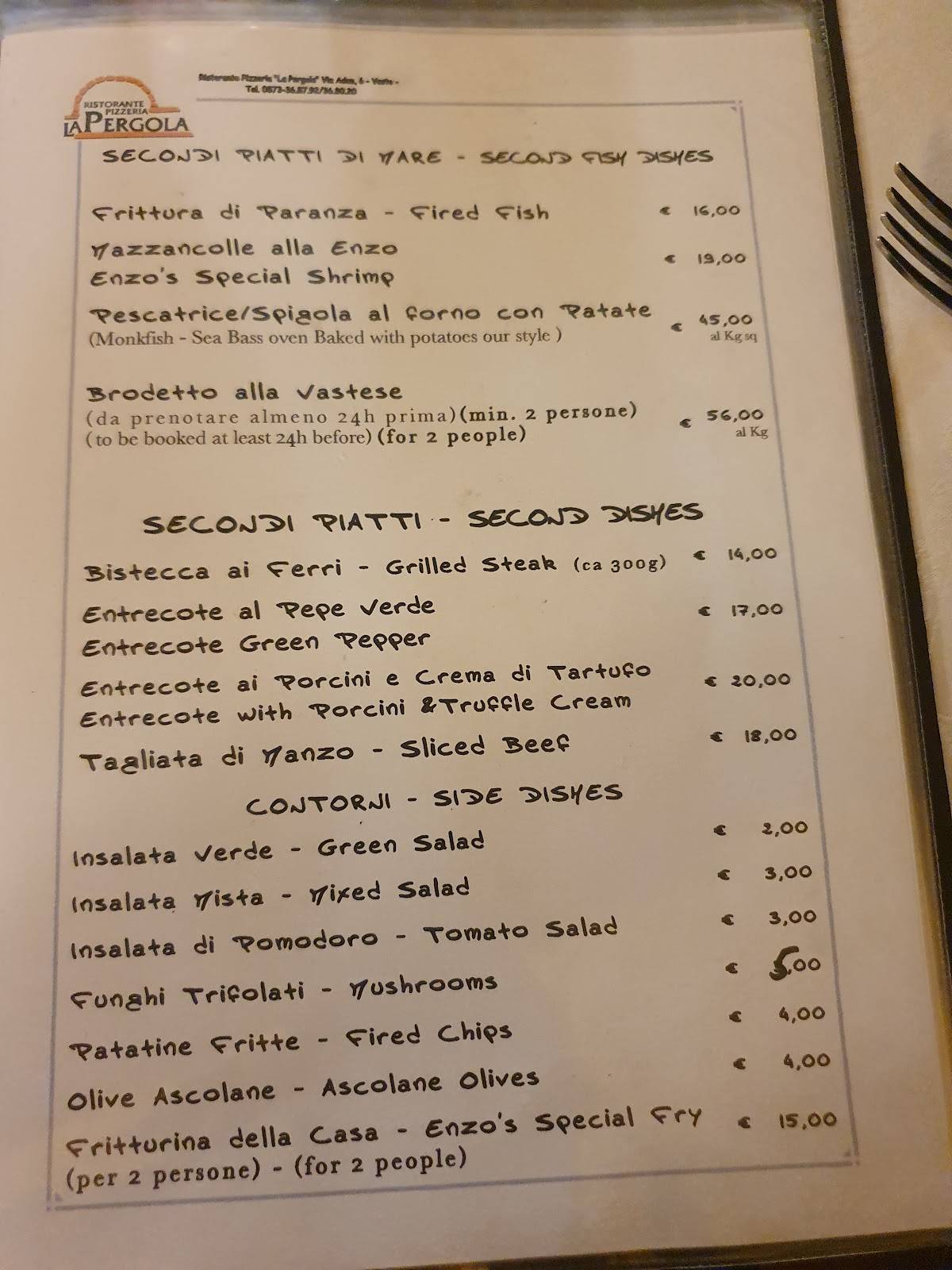Menu da La Pergola ristorante, Vasto