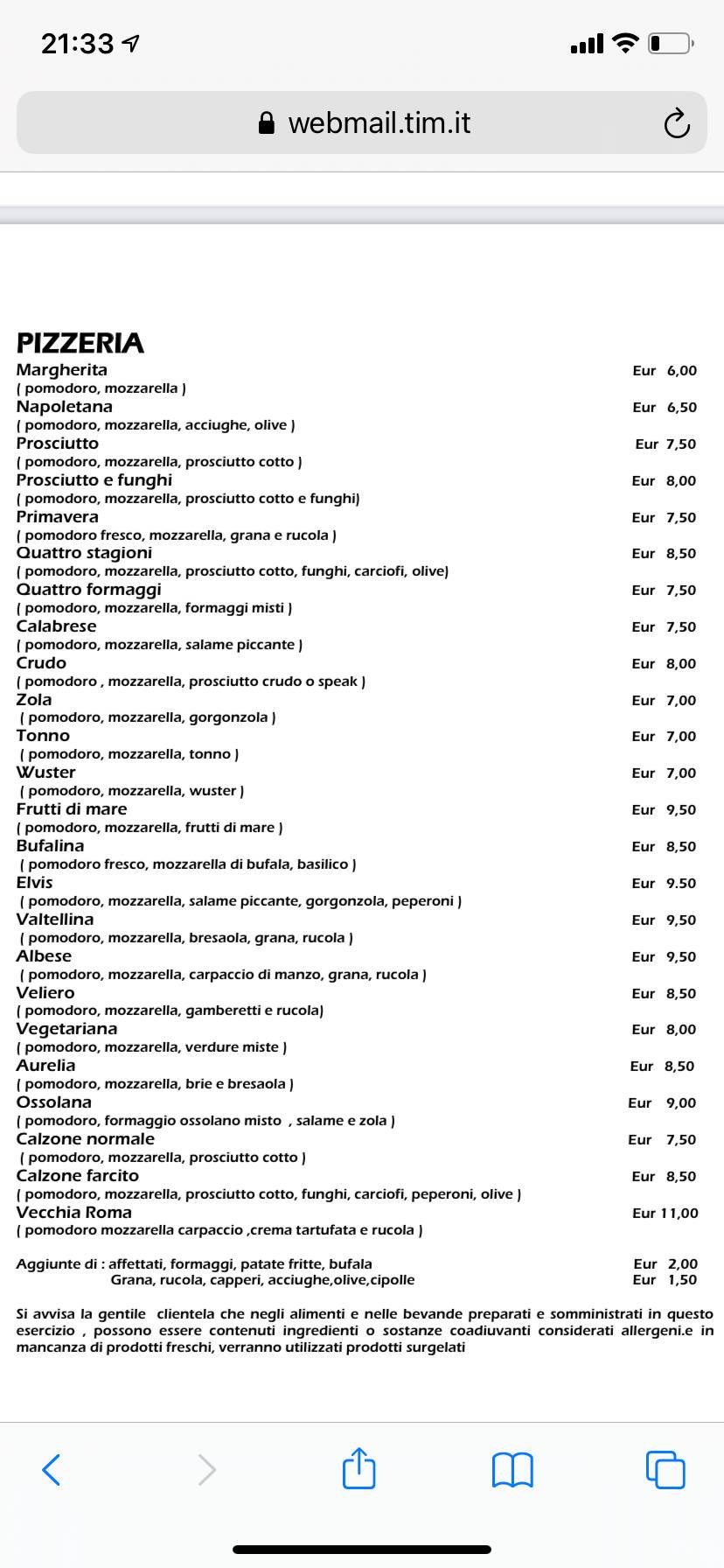 Menu da Ristorante Vecchia Roma, Beura, Via Roma