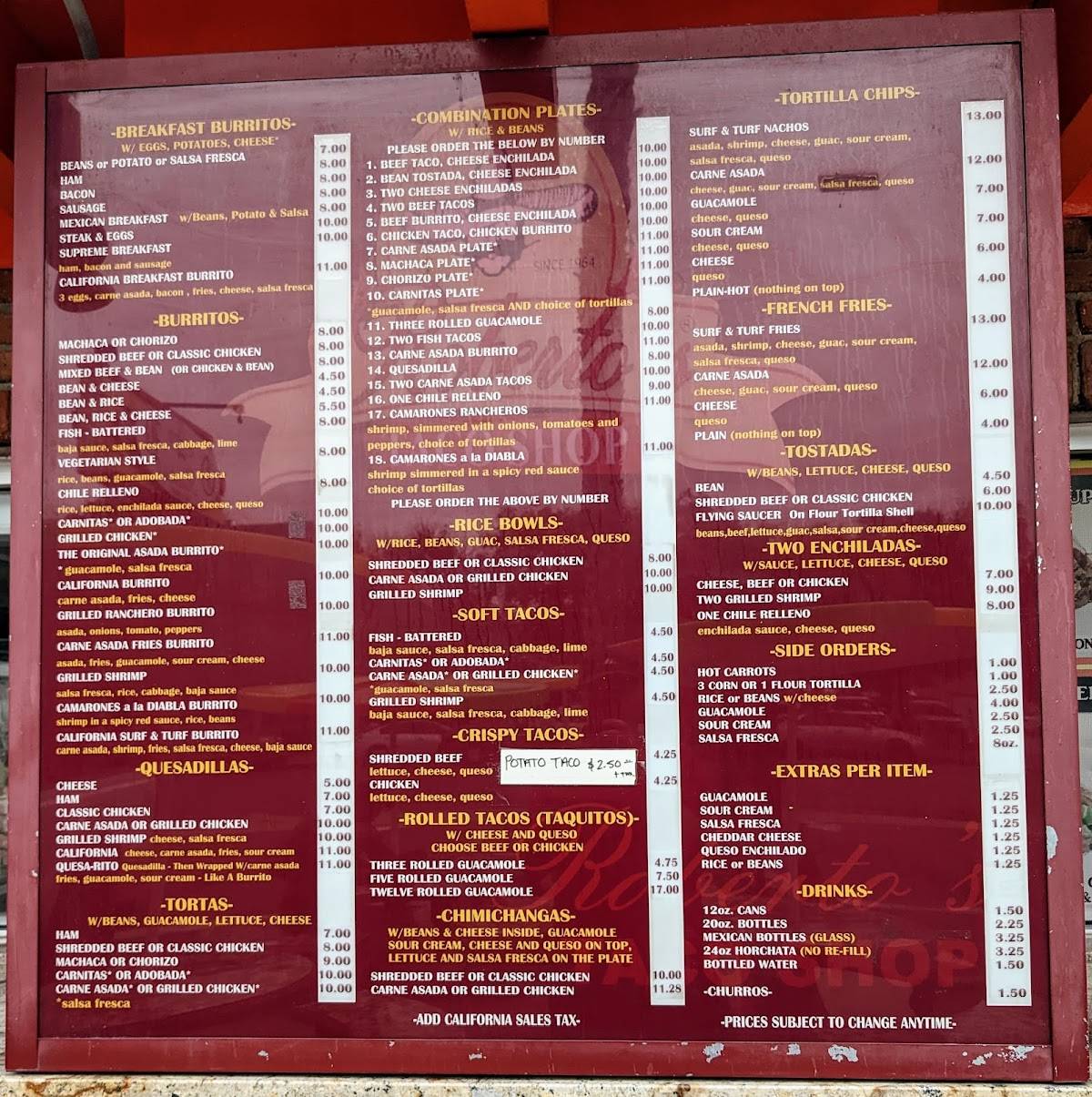 Menu at Roberto's Taco Shop Ocean Beach restaurant, San Diego, Voltaire St
