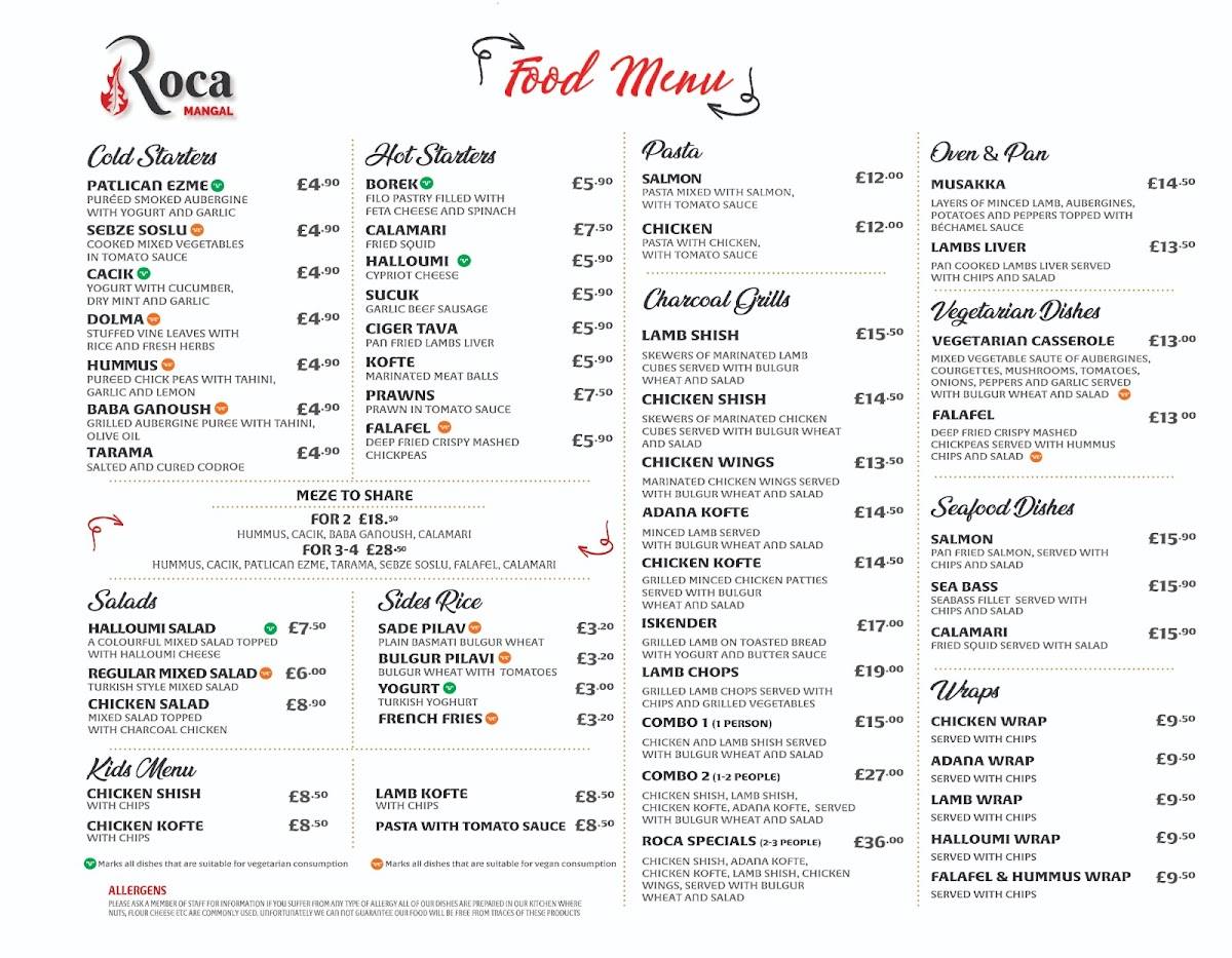 Menu at Roca Mangal restaurant, London