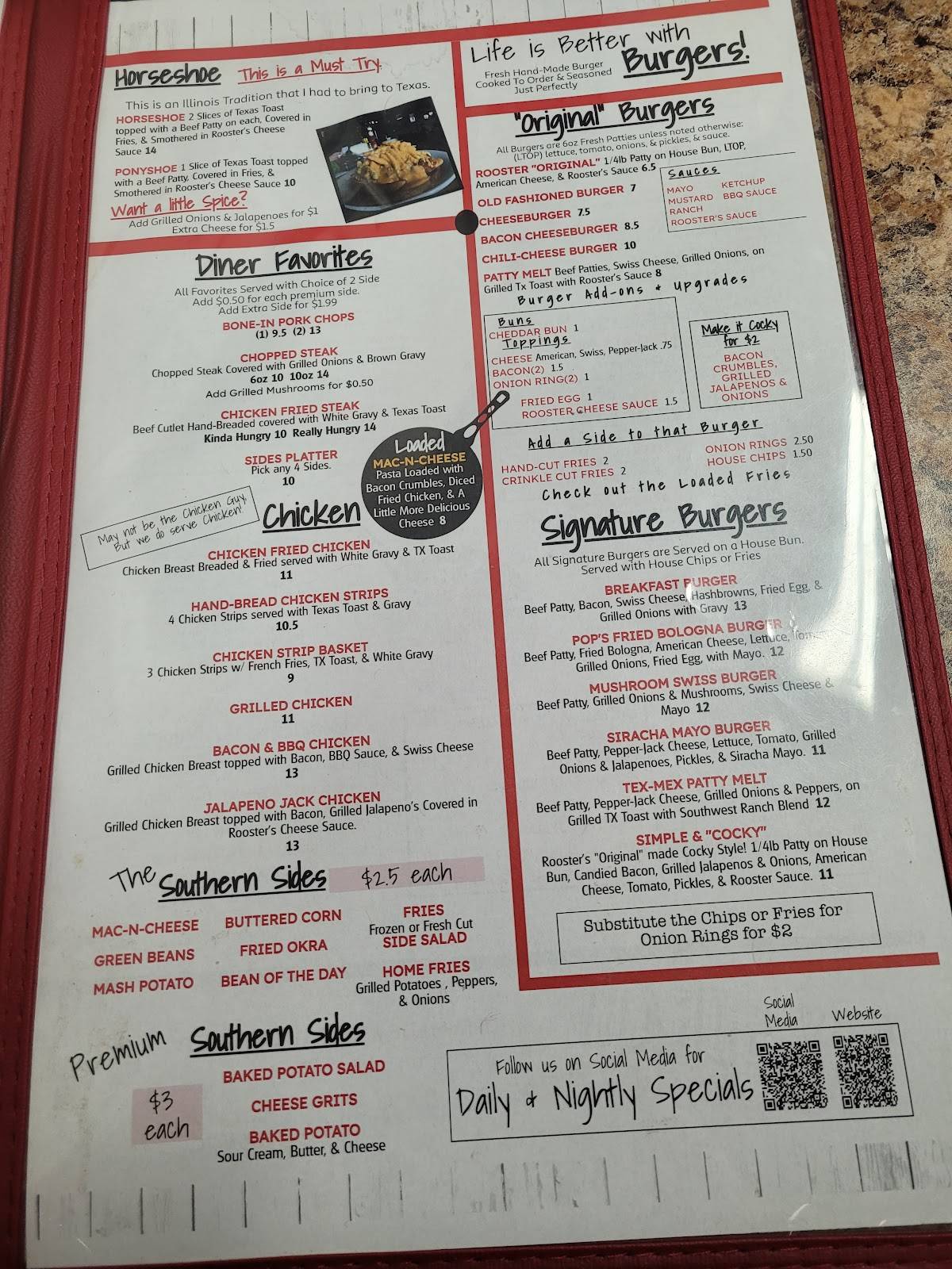 Menu at Rooster’s Country Cooking restaurant, Reno