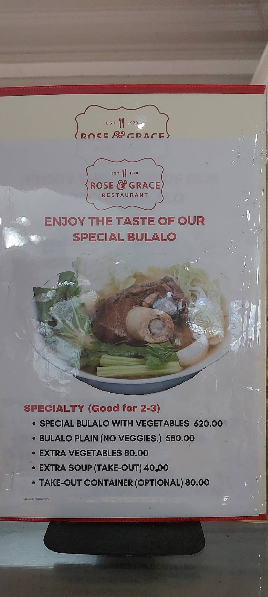 Menu at Rose and Grace Restaurant, Santo Tomas, 1