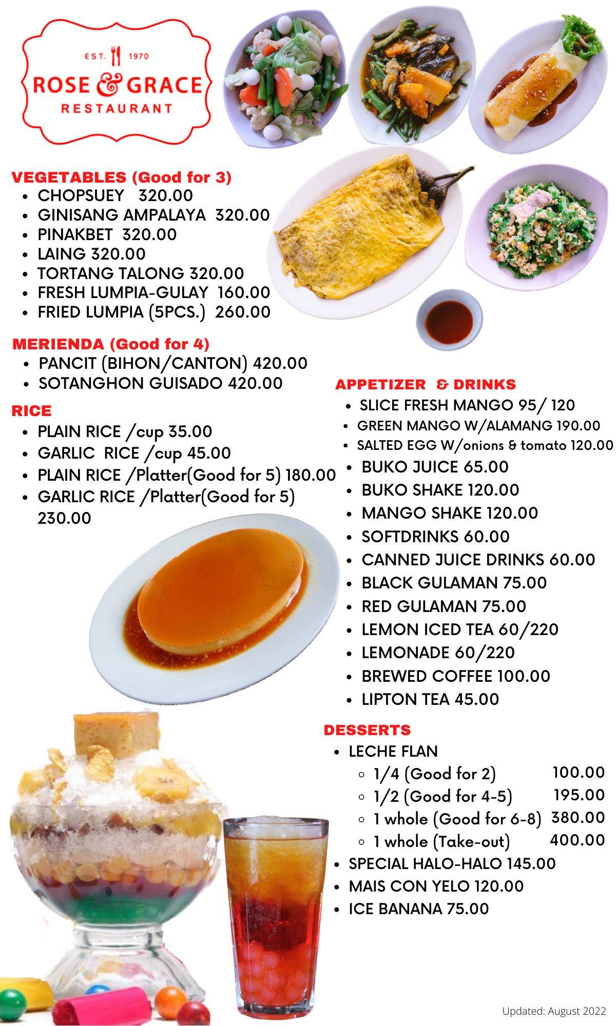 Menu at Rose and Grace Restaurant, Santo Tomas, 1