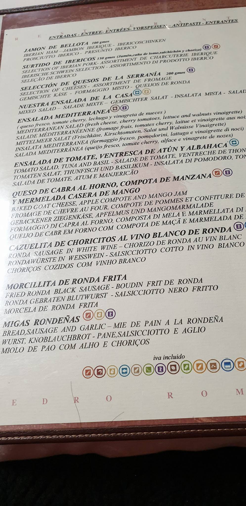 Menu at Rte. Pedro Romero Ronda restaurant, Ronda