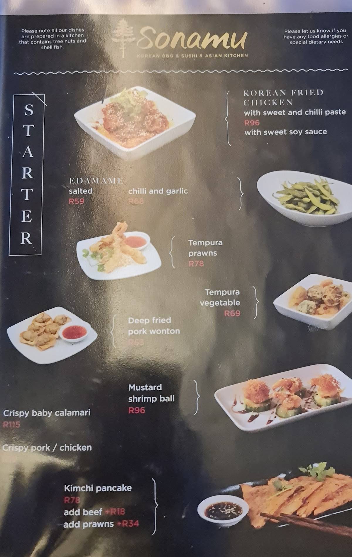 Menu at SONAMU restaurant, Cape Town