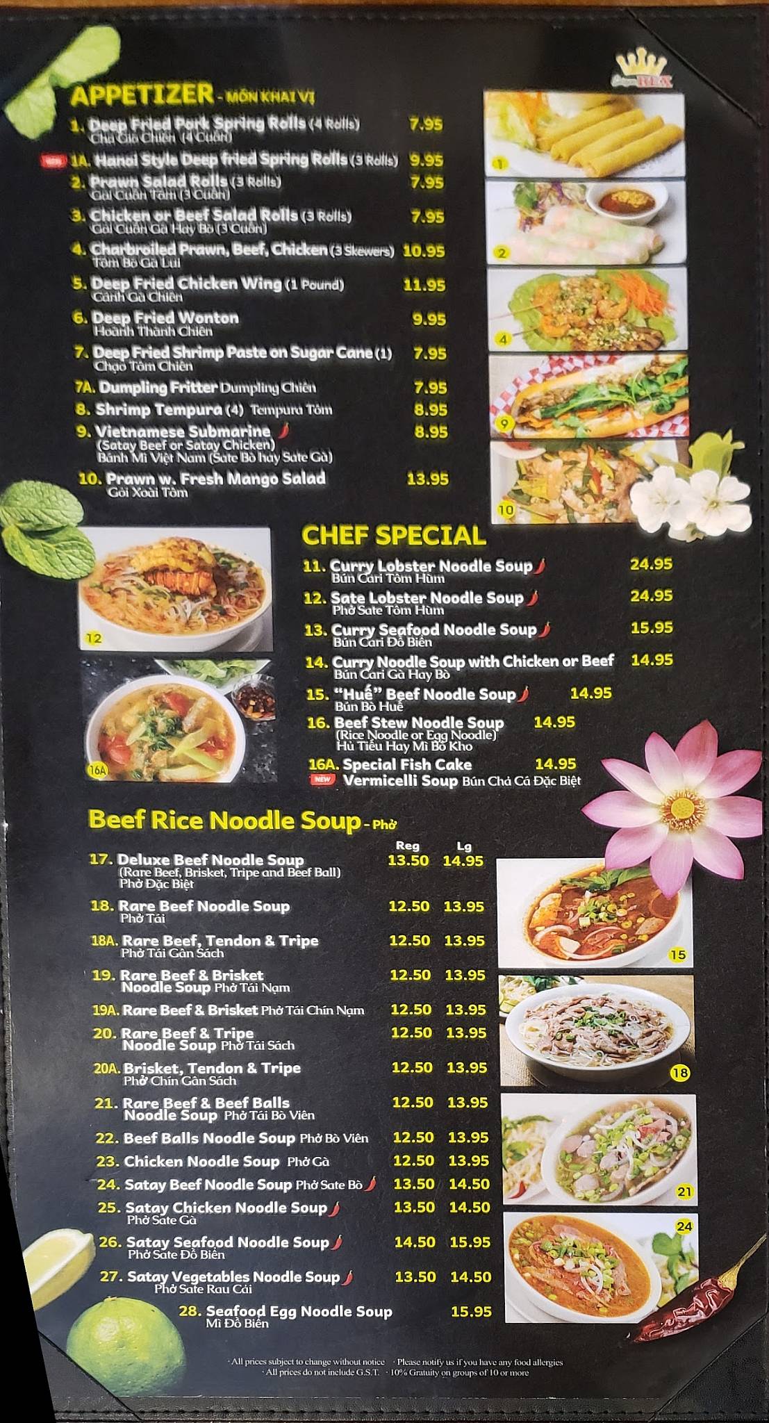 Menu at Saigon Rex restaurant, Calgary