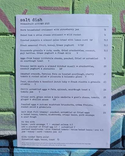 Menu at Salt Dish restaurant, Geraldton