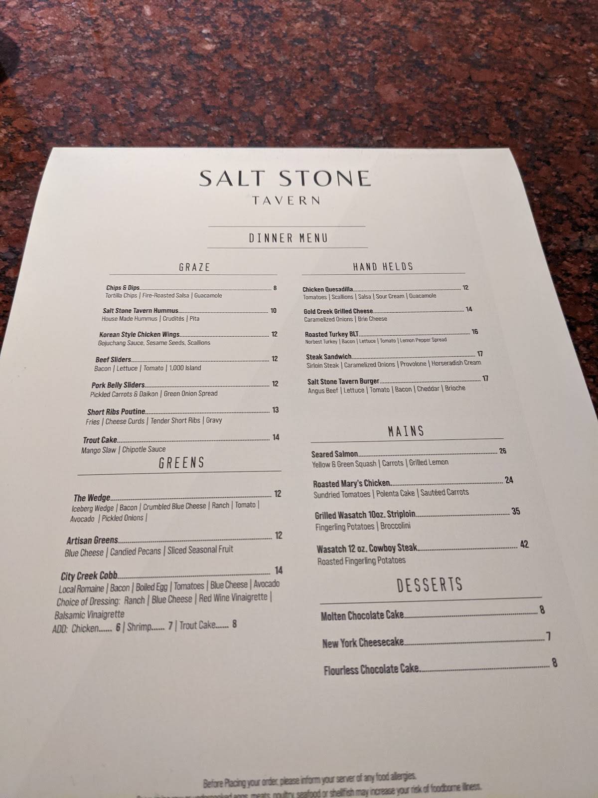 Menu at Salt Stone restaurant, Salt Lake City