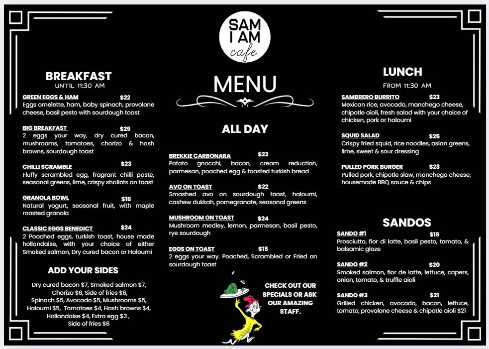 Menu at Sam I Am Cafe, McLaren Vale