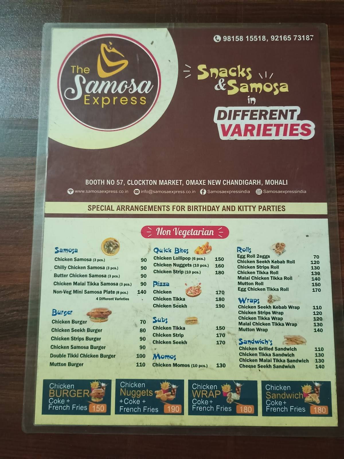 Menu at Samosa junction, New Chandigarh