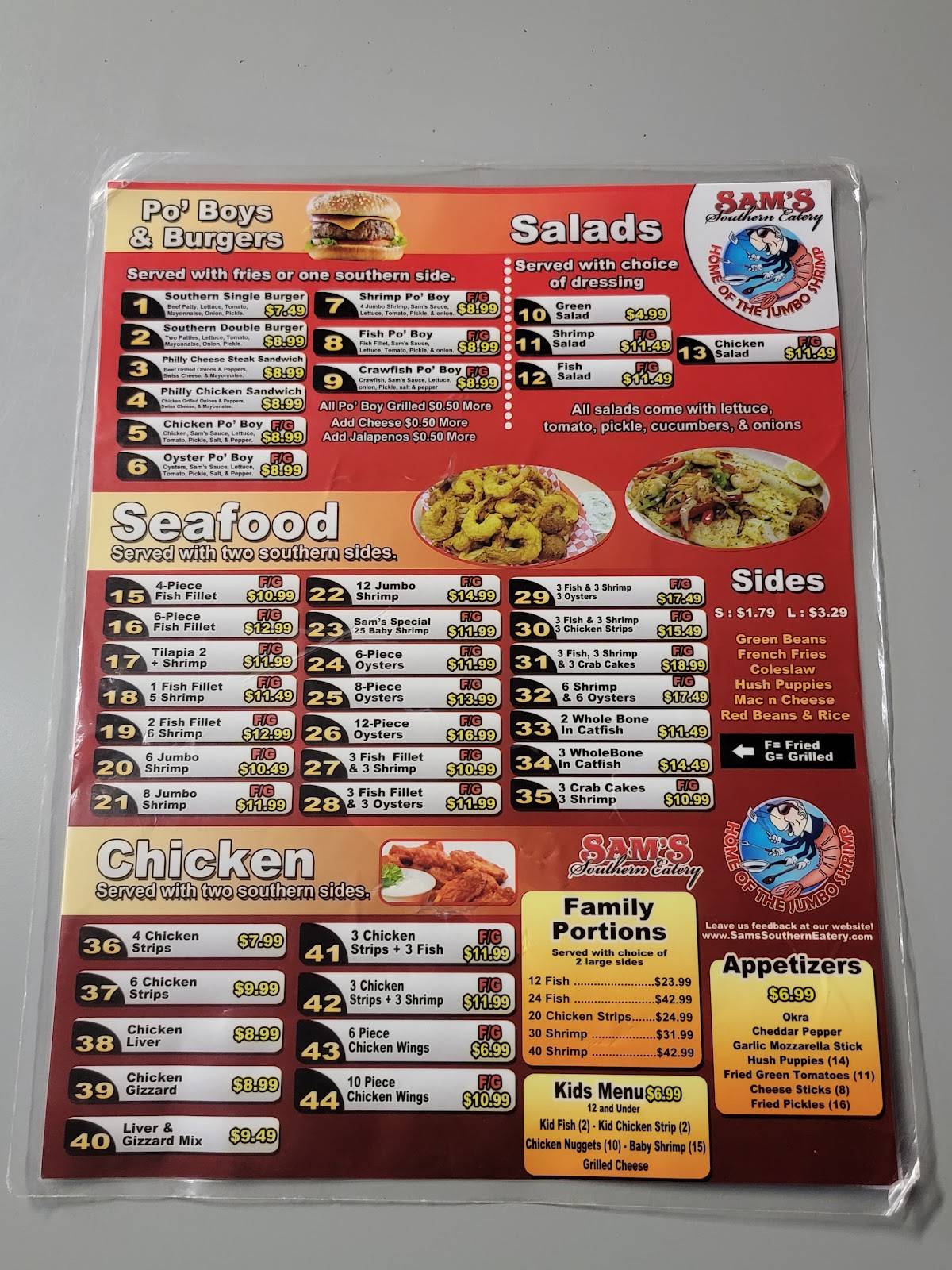 Menu at Sam's Southern Eatery restaurant, Temple