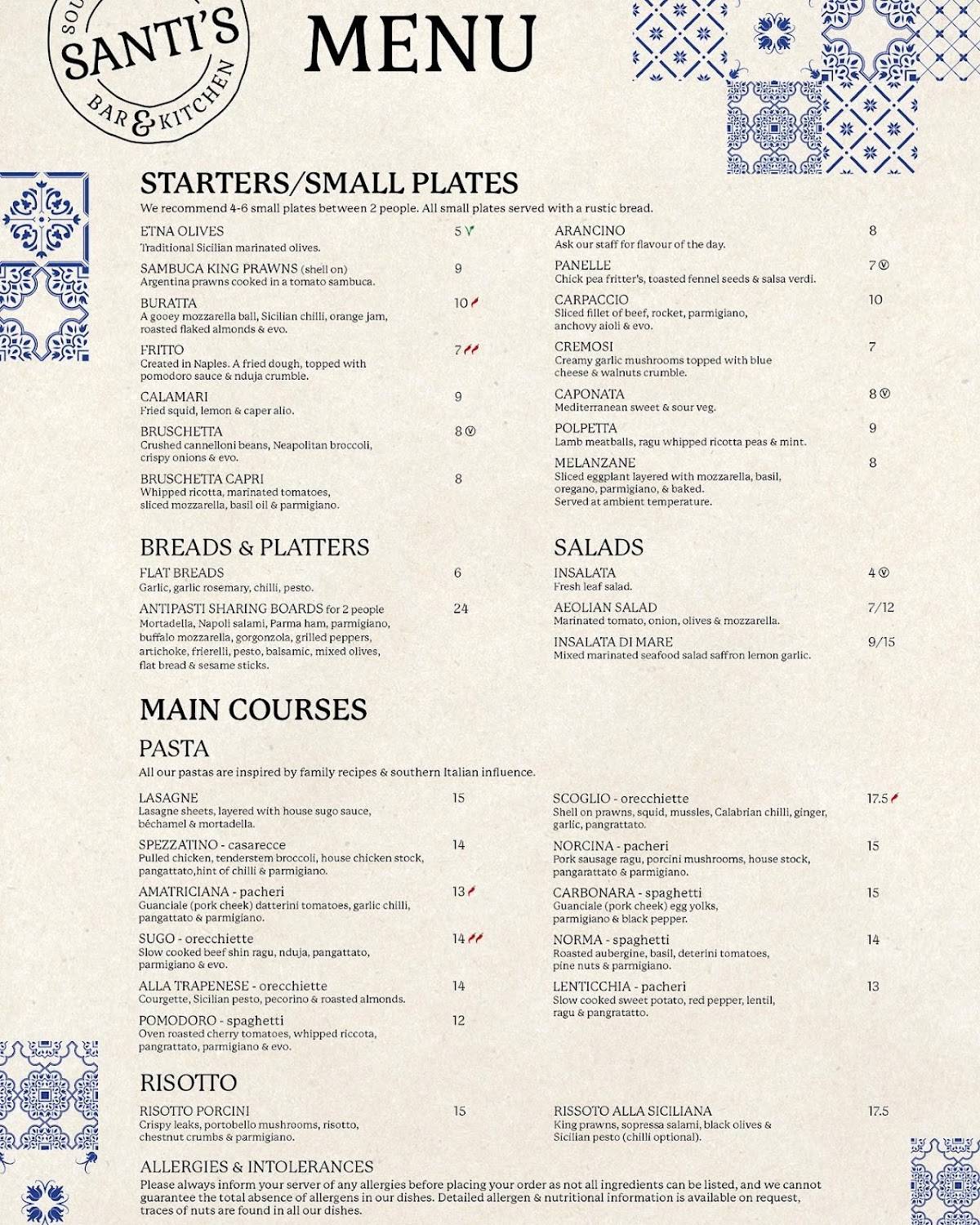 Menu at Santi’s Southern Italian Bar & Kitchen, Hull, 13a Wilson St