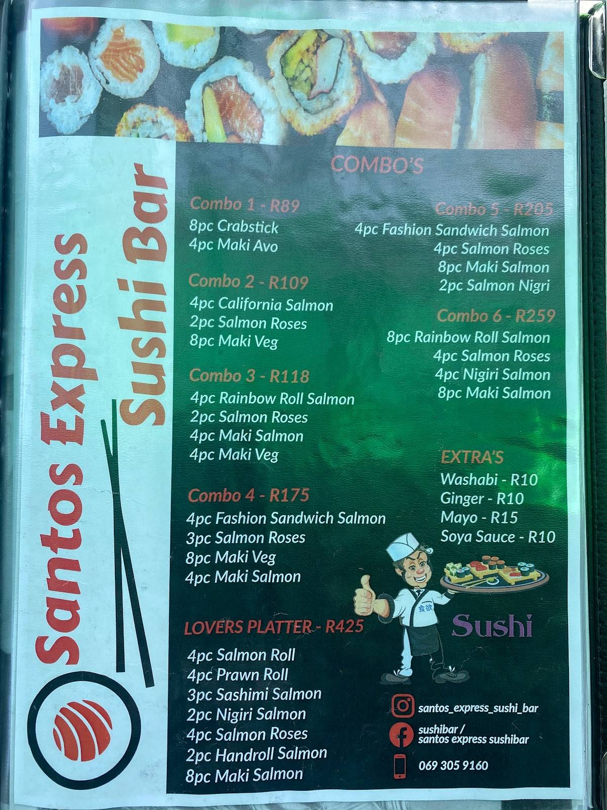 Menu at Santos Express Sushi Train restaurant, Mossel Bay