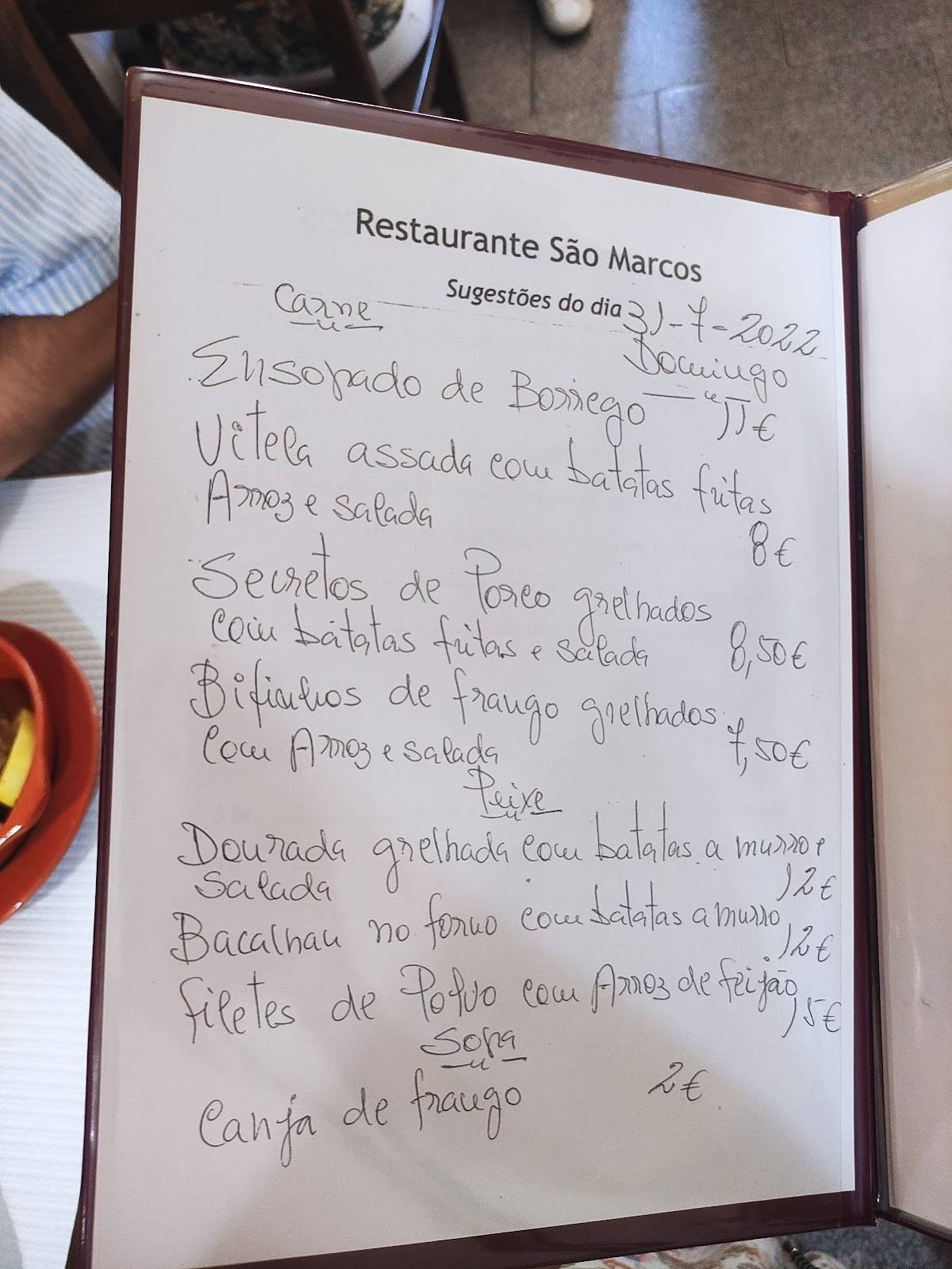 Menu at São Marcos restaurant, Trancoso, R. Frei João de Lucena