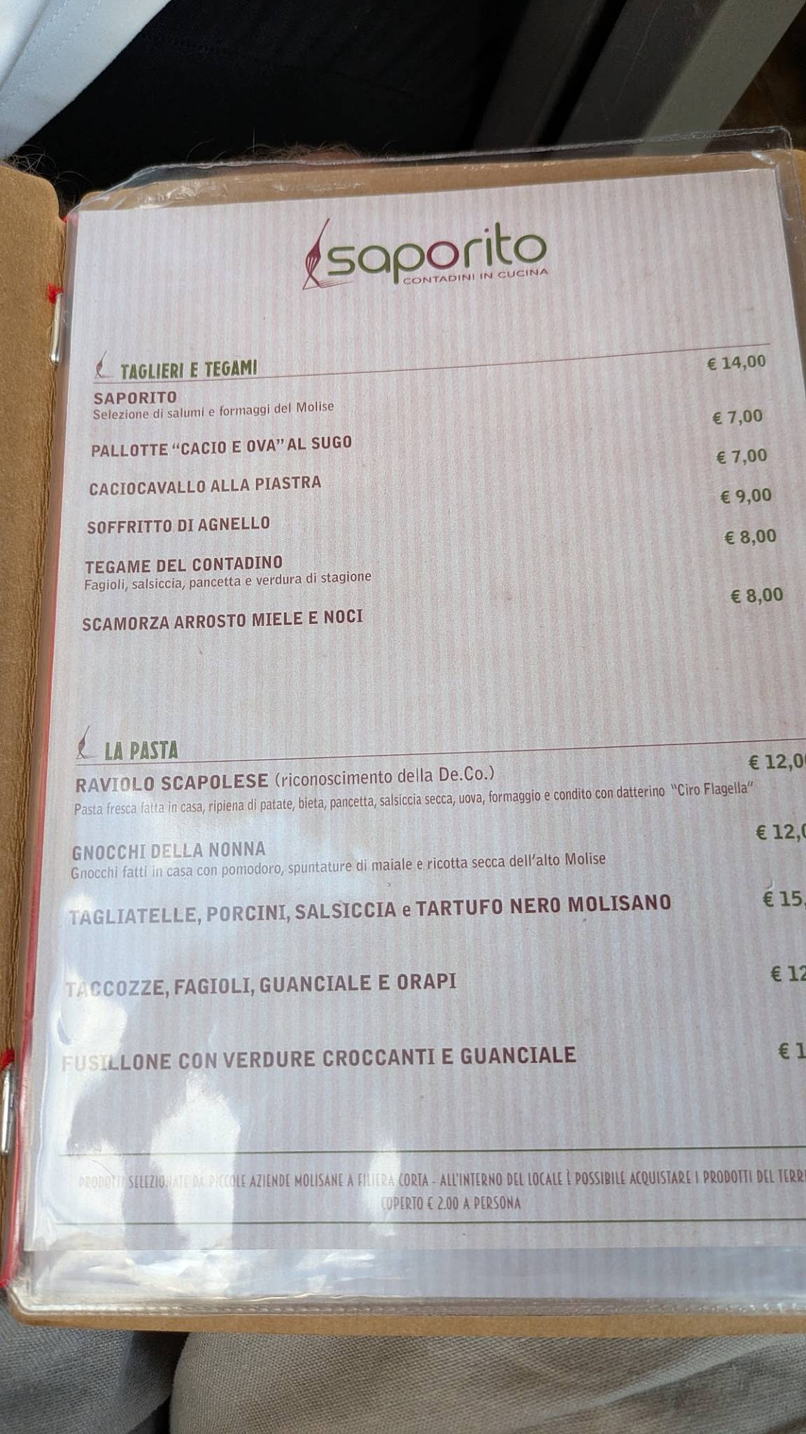 Menu da Saporito ristorante, Castel San Vincenzo