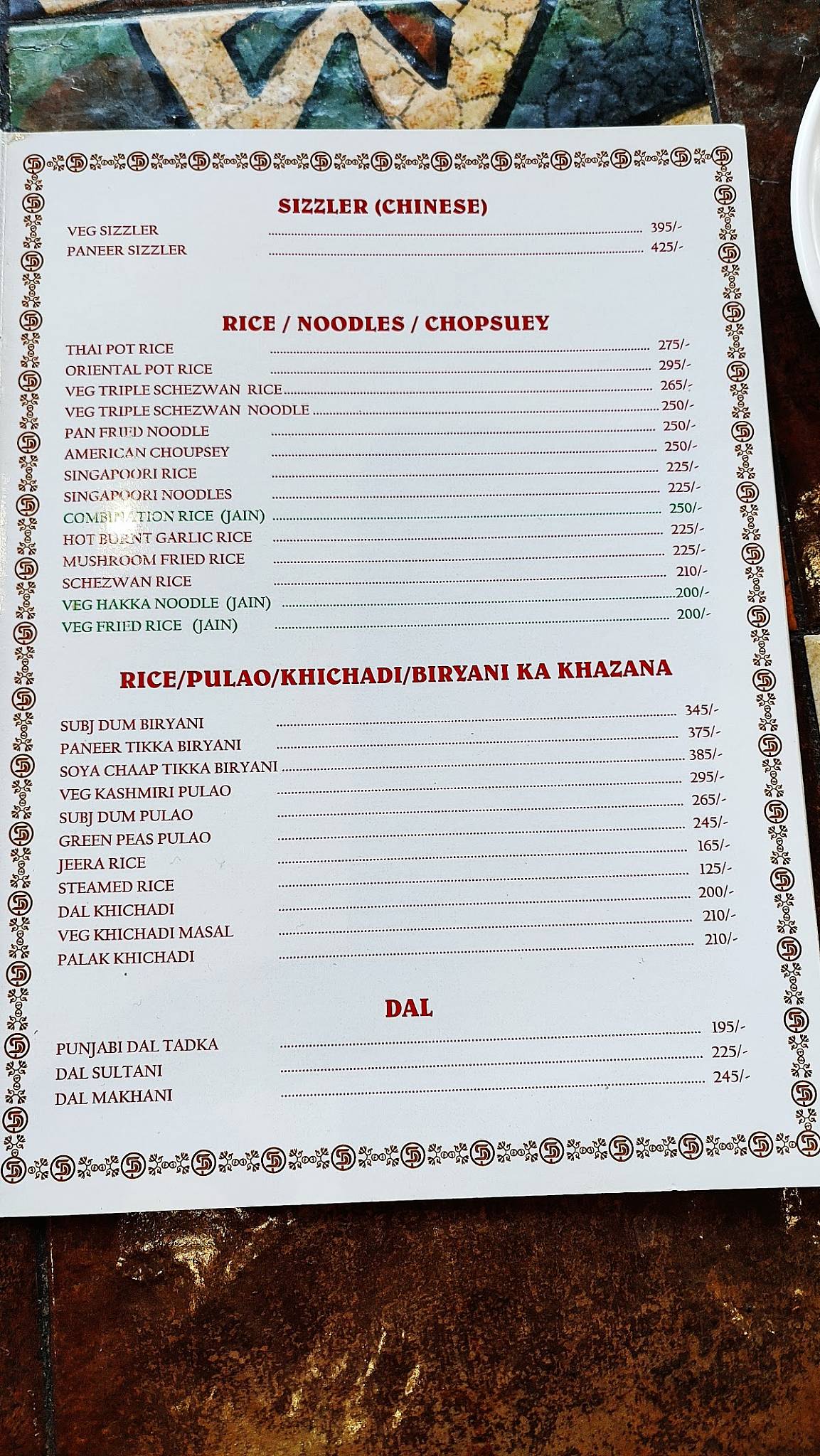 Menu at Satu's Point, Lonavala